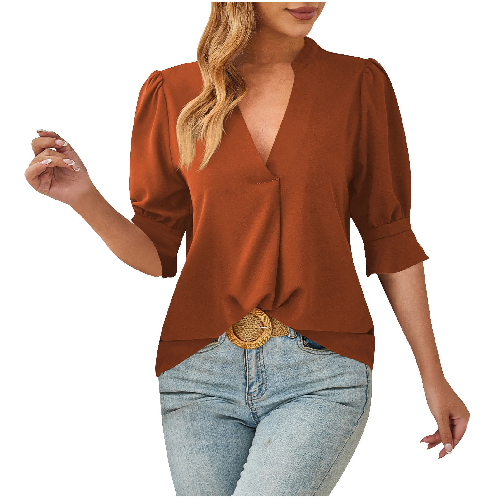 ZyeKqe Blouses for Women Dressy 3/4 Sleeve Top V Neck Business Casual ...