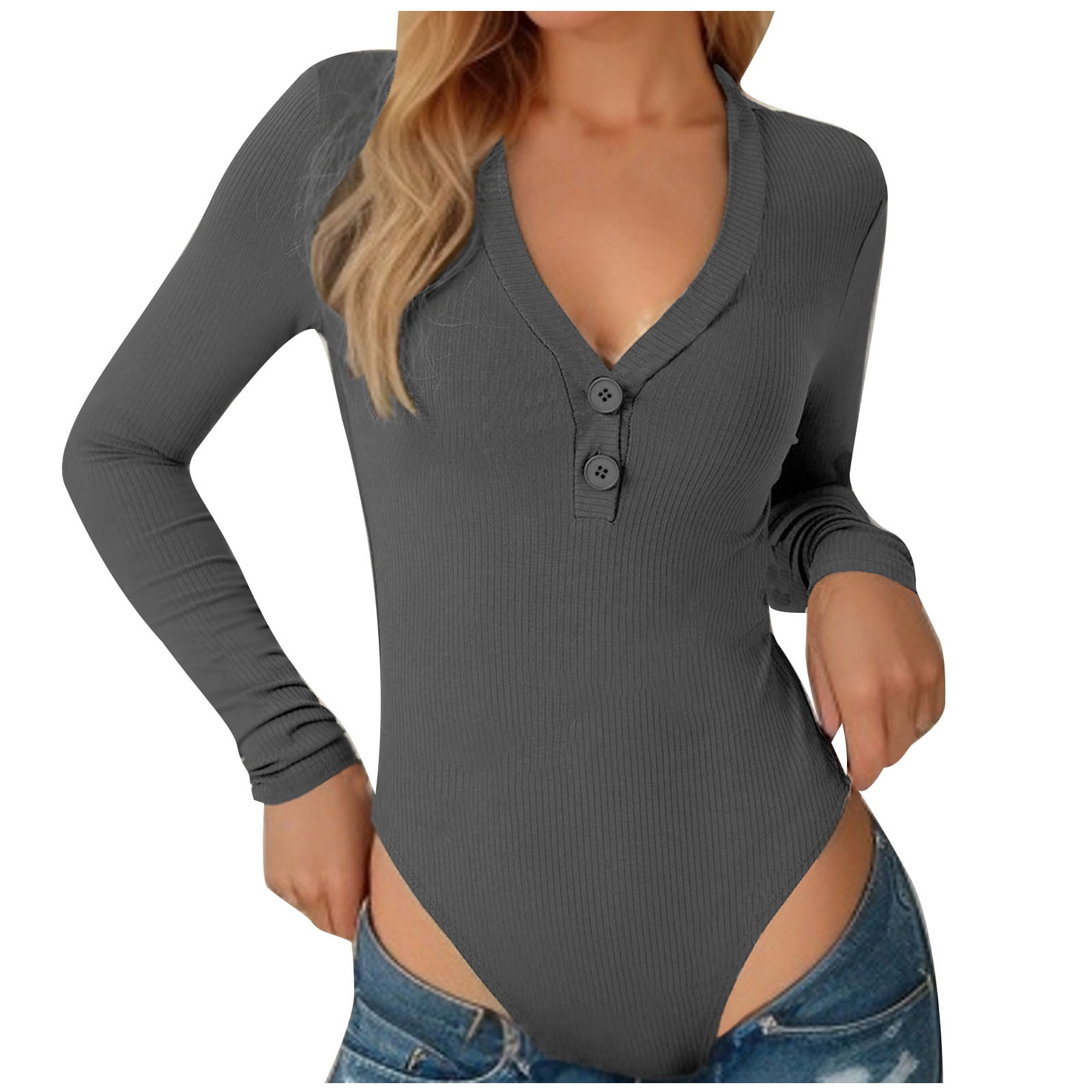Zyekqe Bodysuits For Women V Neck Long Sleeve Going Out Tops 1 Piece