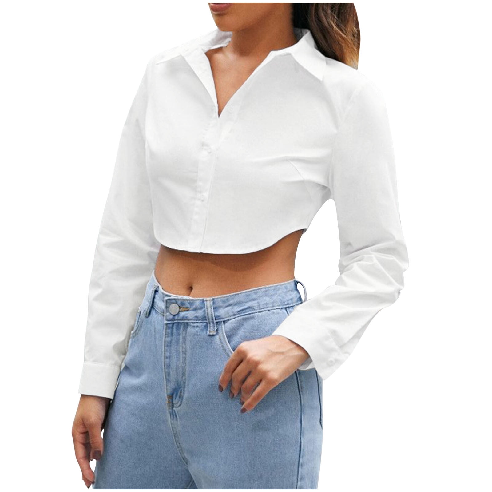 ZyeKqe Cropped Button down Shirts for Women Long Sleeve Blouses ...