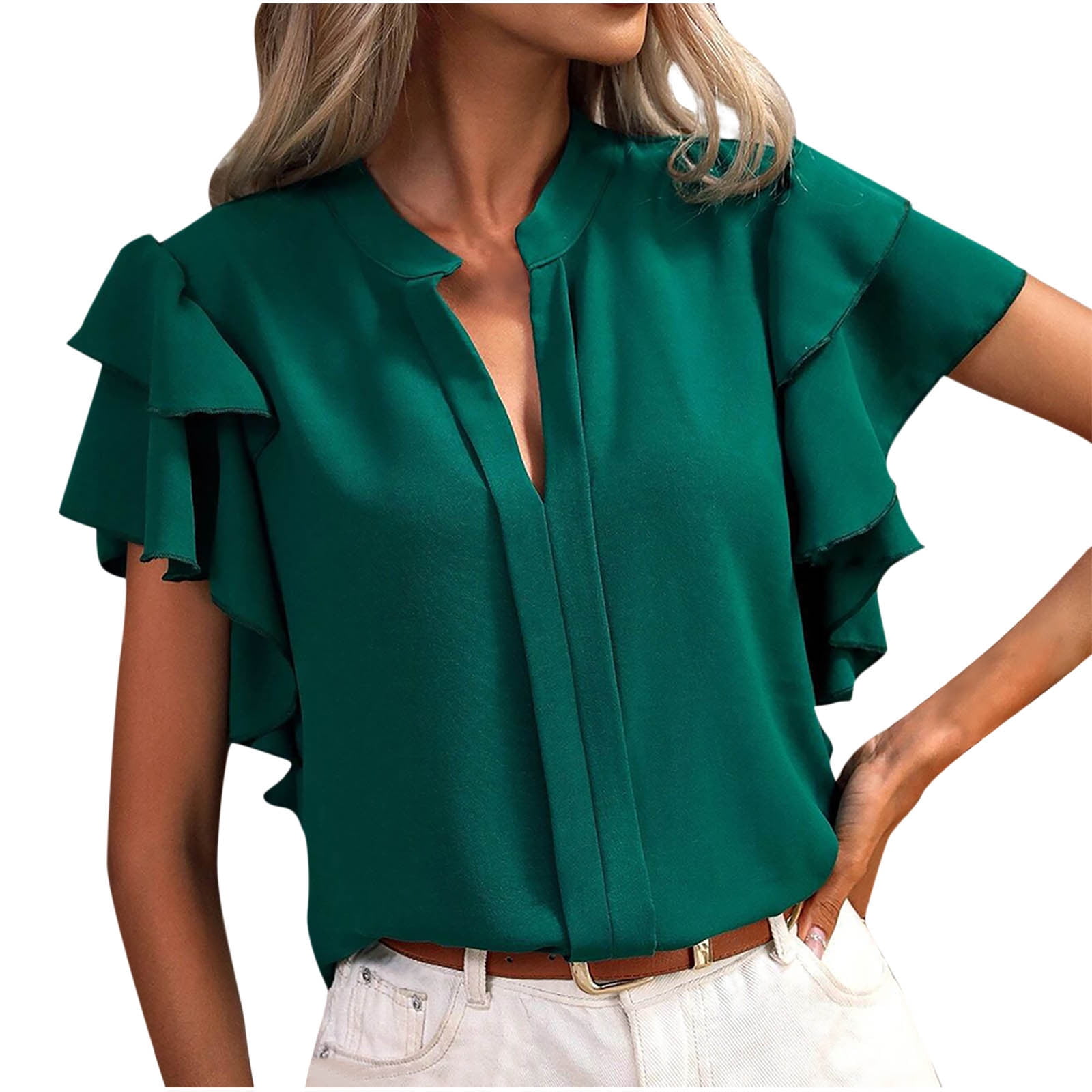 ZyeKqe Dressy Casual Blouses for Women Double Layered Ruffle Short ...
