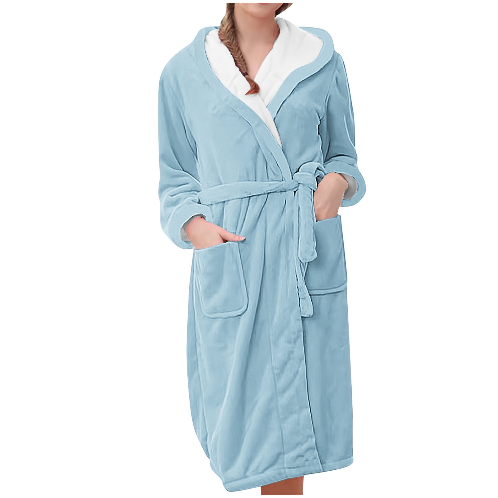 ZyeKqe Fuzzy Fleece Robe for Women Long Sleeve Hooded Sleepwear Thicken ...