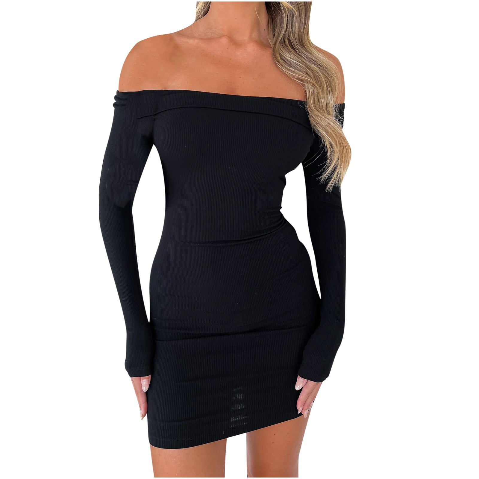 ZyeKqe Mini Dress for Women off Shoulder Long Sleeve Tight Dress High ...
