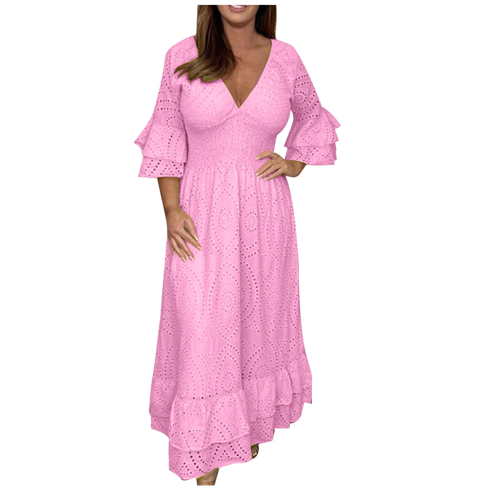 ZyeKqe Plus Size Boho Dress Crochet Ruffle Half Sleeve Long Dress Deep ...