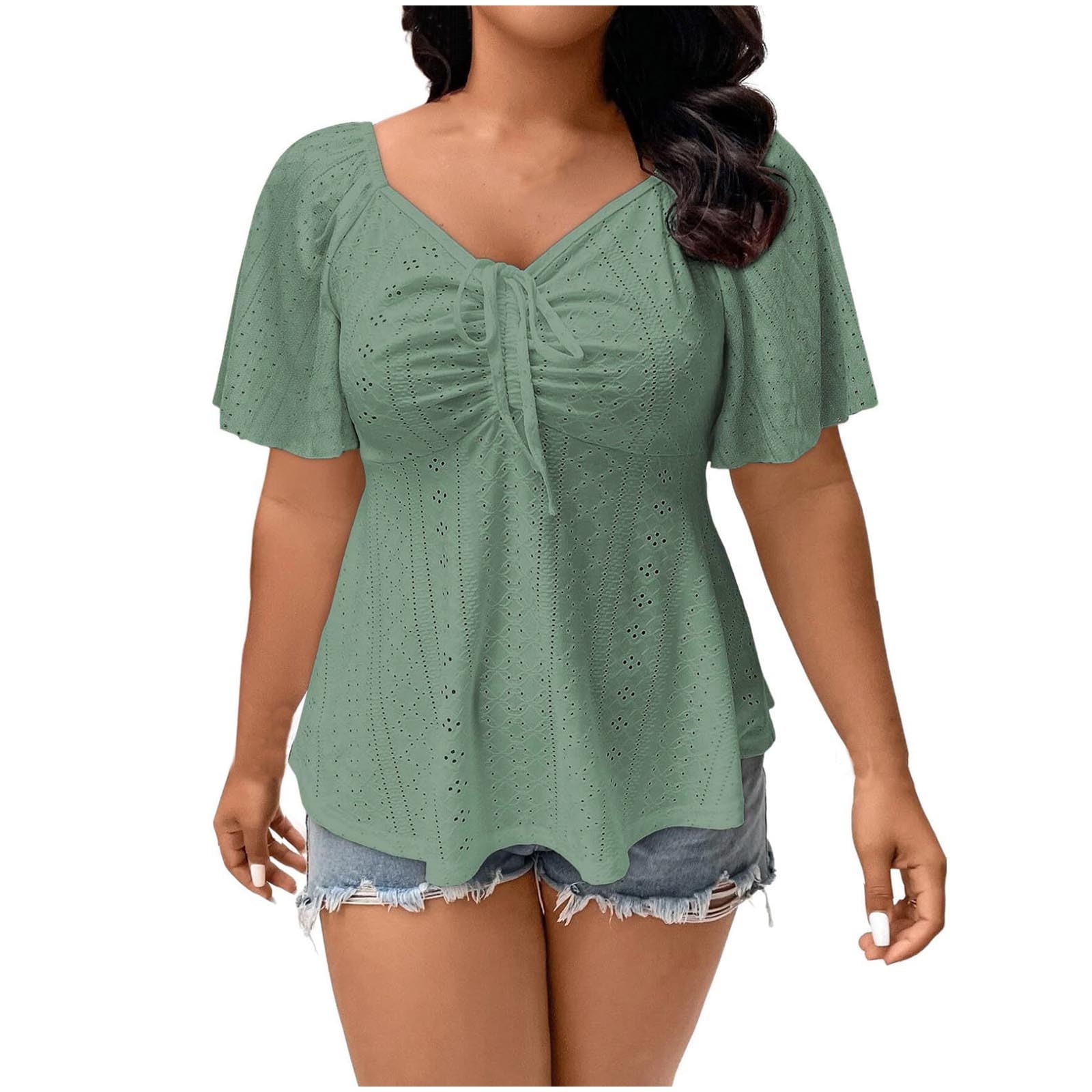 ZyeKqe Plus Size Eyelet Tops for Women Short Sleeve Shirts Lace up V ...