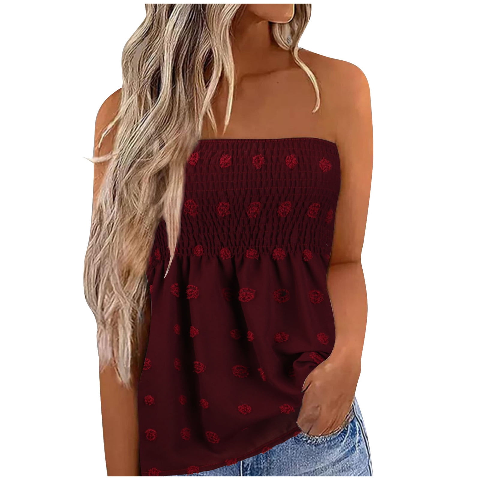 ZyeKqe Plus Size Tube Tops for Women Strapless Smocked Dotted Tanks ...