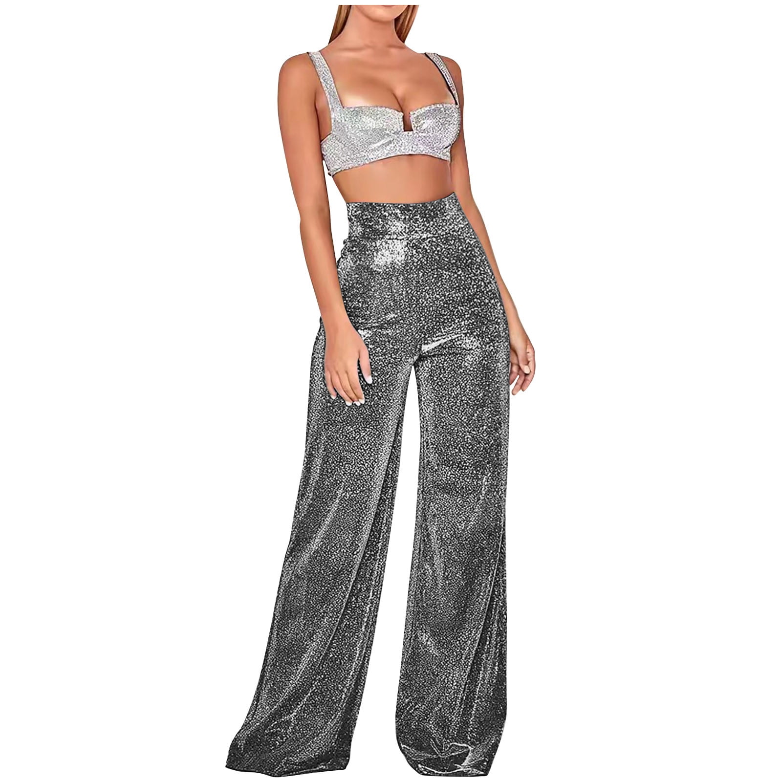 Zyekqe Sequin Pants For Women High Waisted Sparkly Glitter Pants Wide