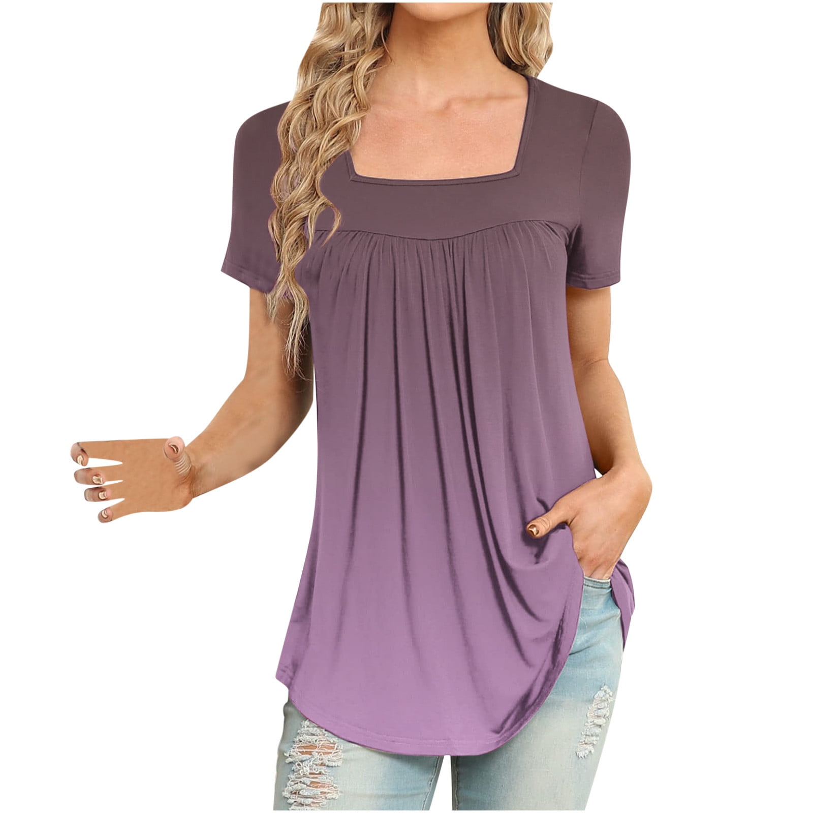 ZyeKqe Square Neck Tops for Women Short Sleeve Shirts Pleated Tunic or ...