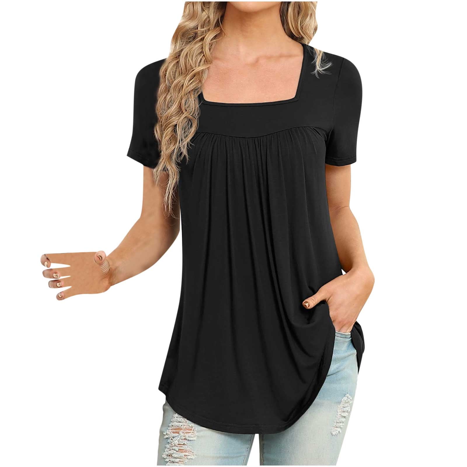 ZyeKqe Square Neck Tops for Women Short Sleeve Shirts Pleated Tunic or ...