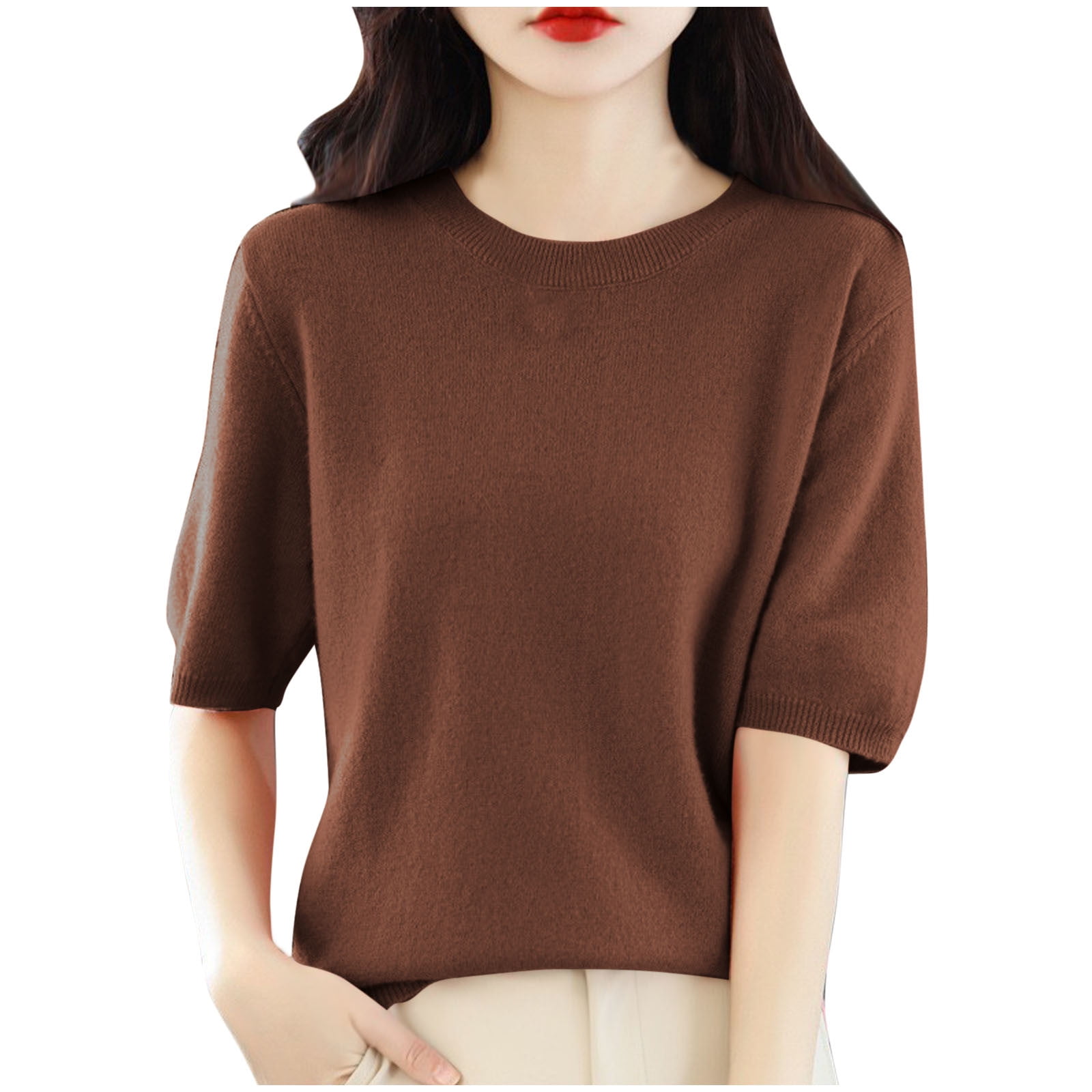 ZyeKqe Sweaters for Women Short Sleeve Knit Top Solid Color Crewneck ...