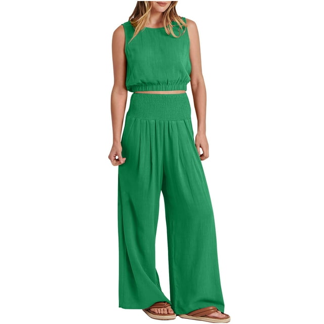 Zyekqe Women 2 Piece Cotton Line Sets Sleeveless Crewneck Crop Top Wide