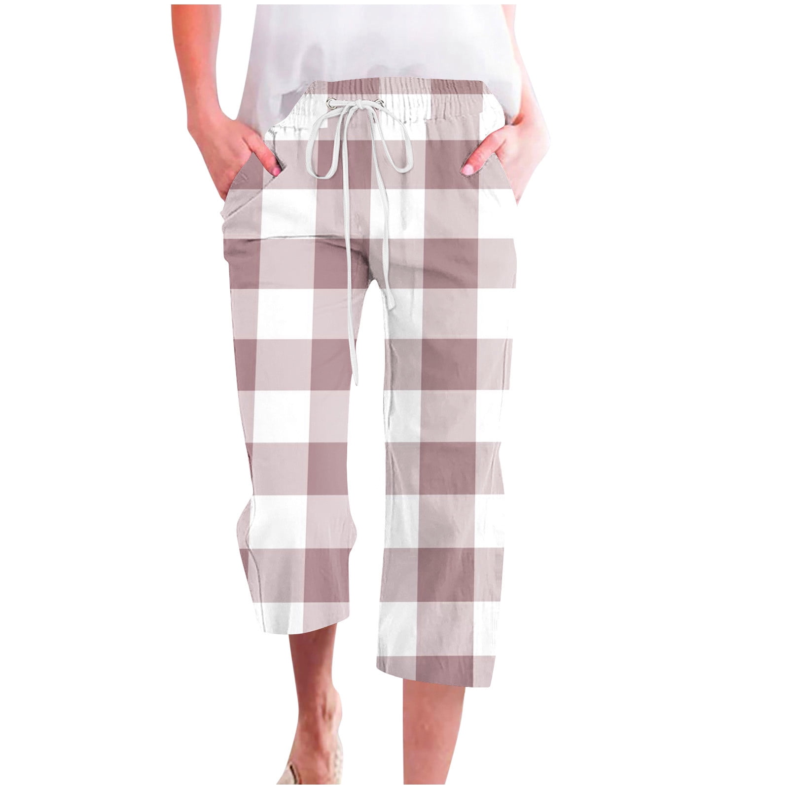 ZyeKqe Women Capri Pants Summer Lounge Pants Drawstring Plaid Pjs ...