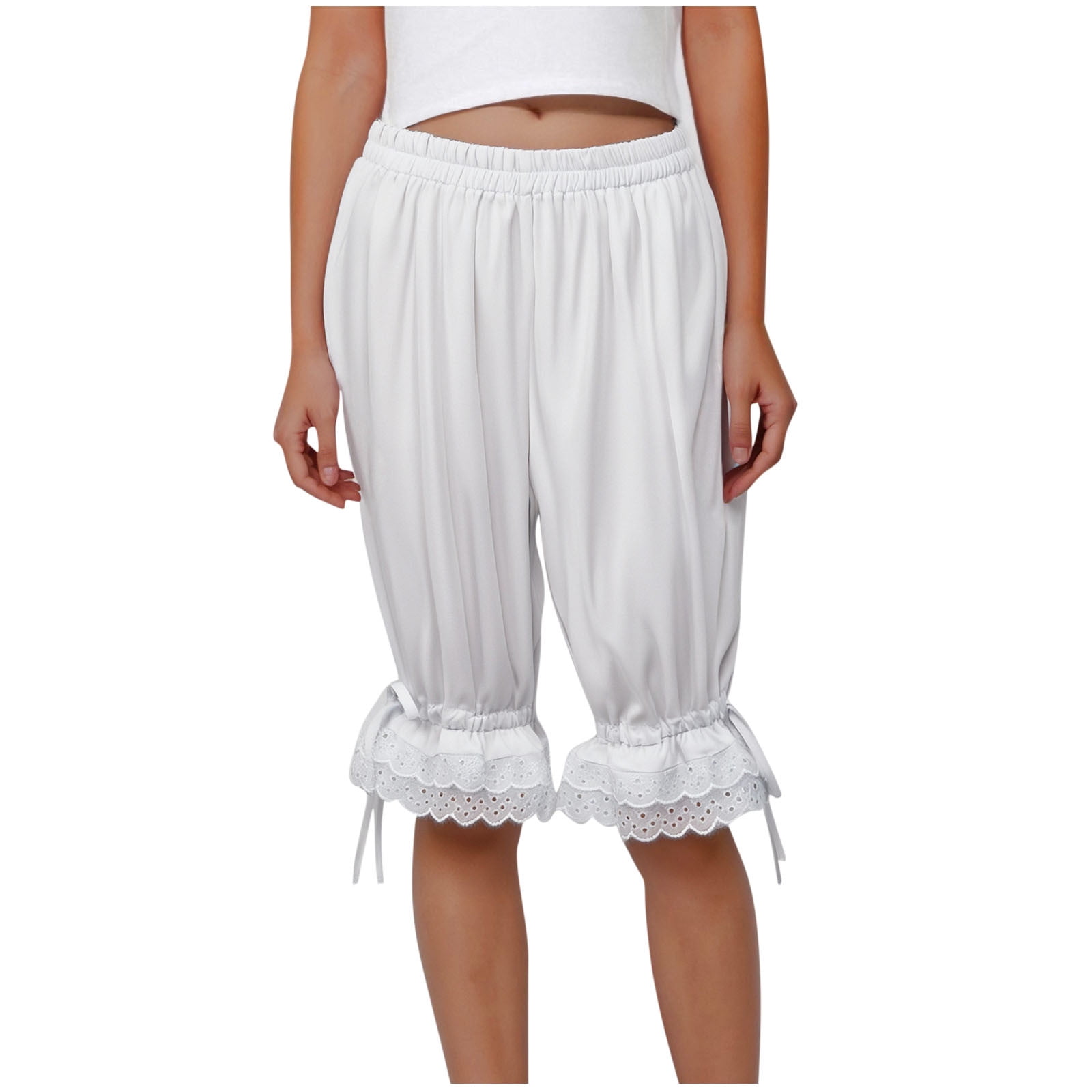 ZyeKqe Women Lace Trim Long Bloomers Elastic Mid Rise Ruffle Capri ...
