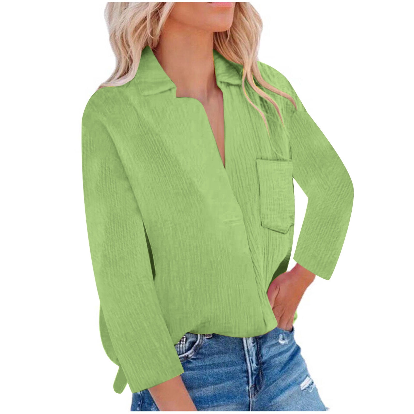 ZyeKqe Women Long Sleeve Shirts Button down Oversized Dressy Shirts V ...