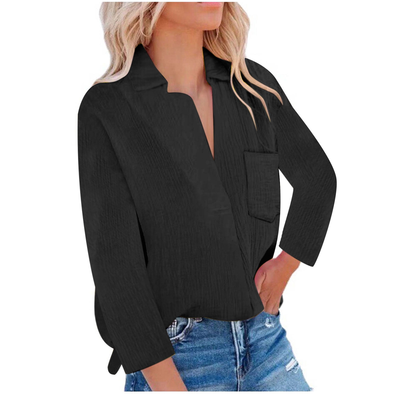 ZyeKqe Women Long Sleeve Shirts Button down Oversized Dressy Shirts V ...