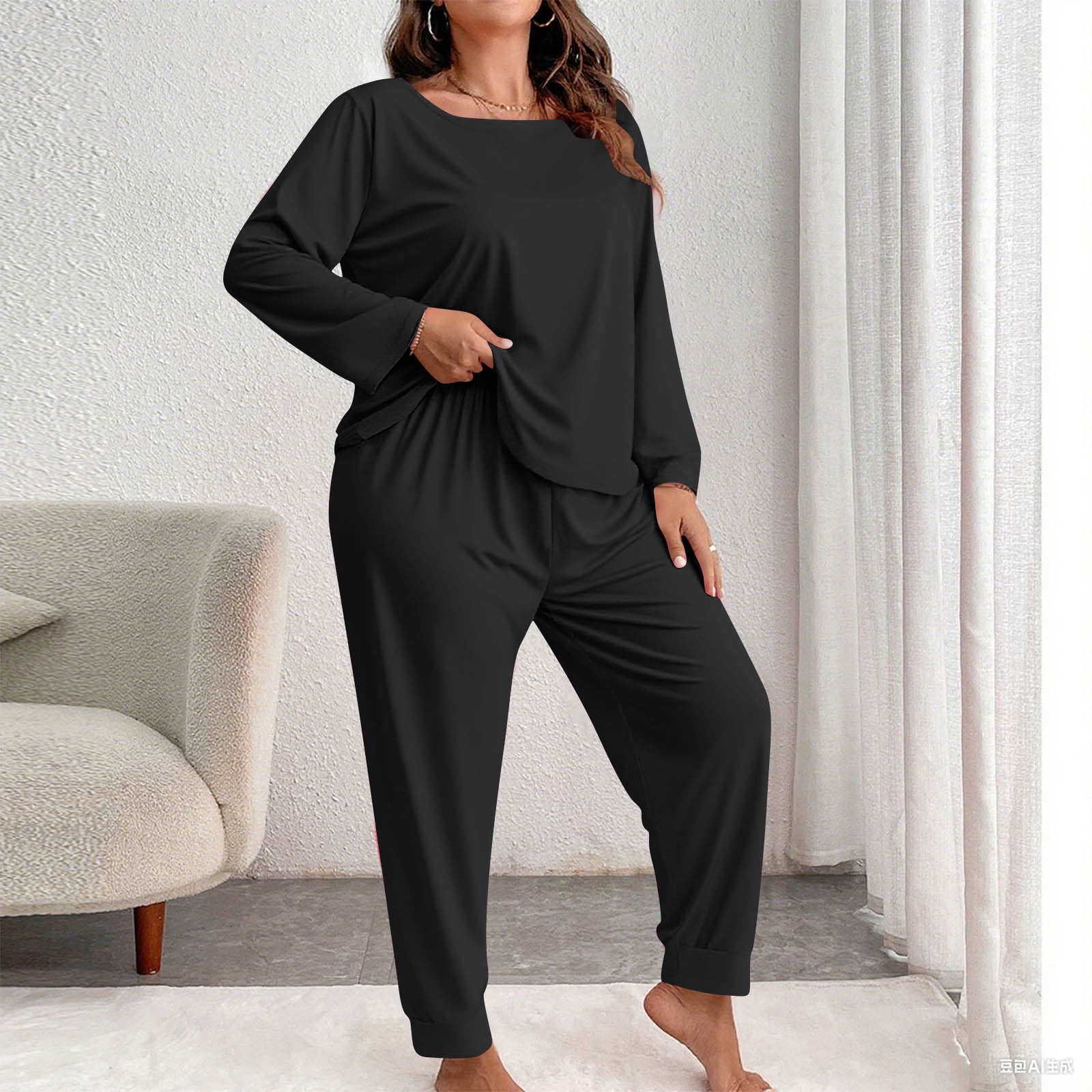 ZyeKqe Women Pajama Sets Plus Size 2 Piece Nightwear Comfy Long Sleeve ...