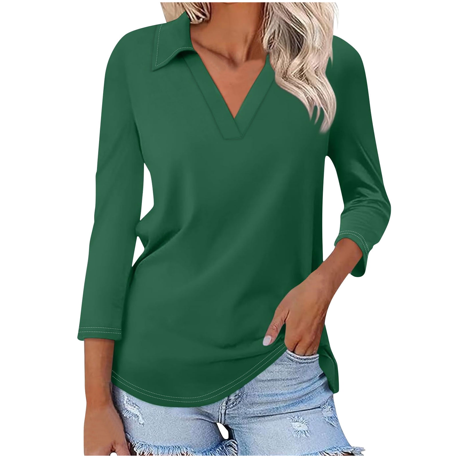ZyeKqe Womens 3/4 Sleeve Tops Collared V Neck Shirts Summer Work Tunic ...