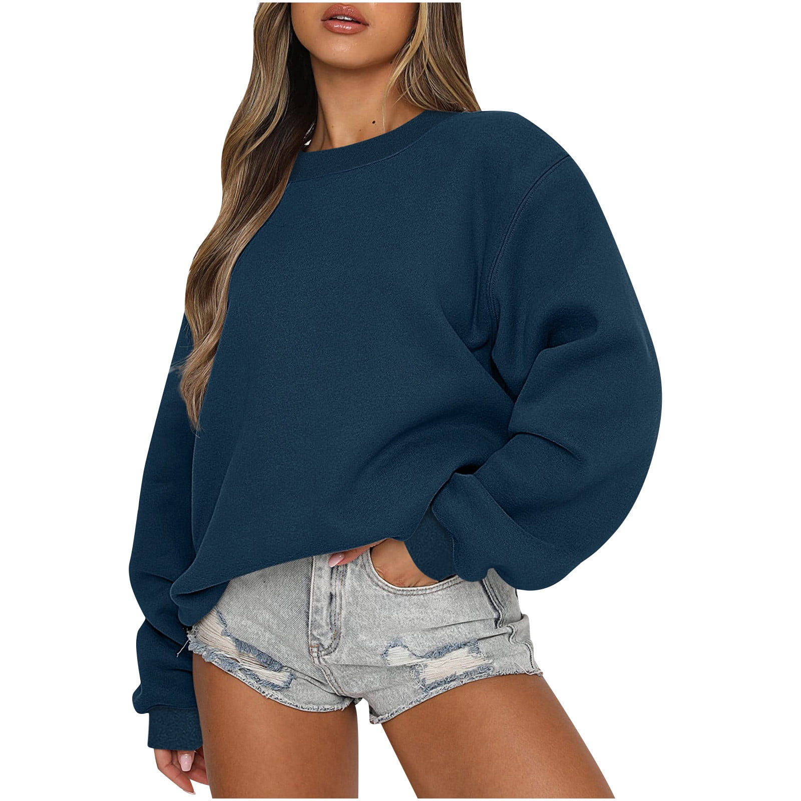 ZyeKqe Womens Basic Sweatshirts Long Sleeve Pullover Solid Color Crew ...
