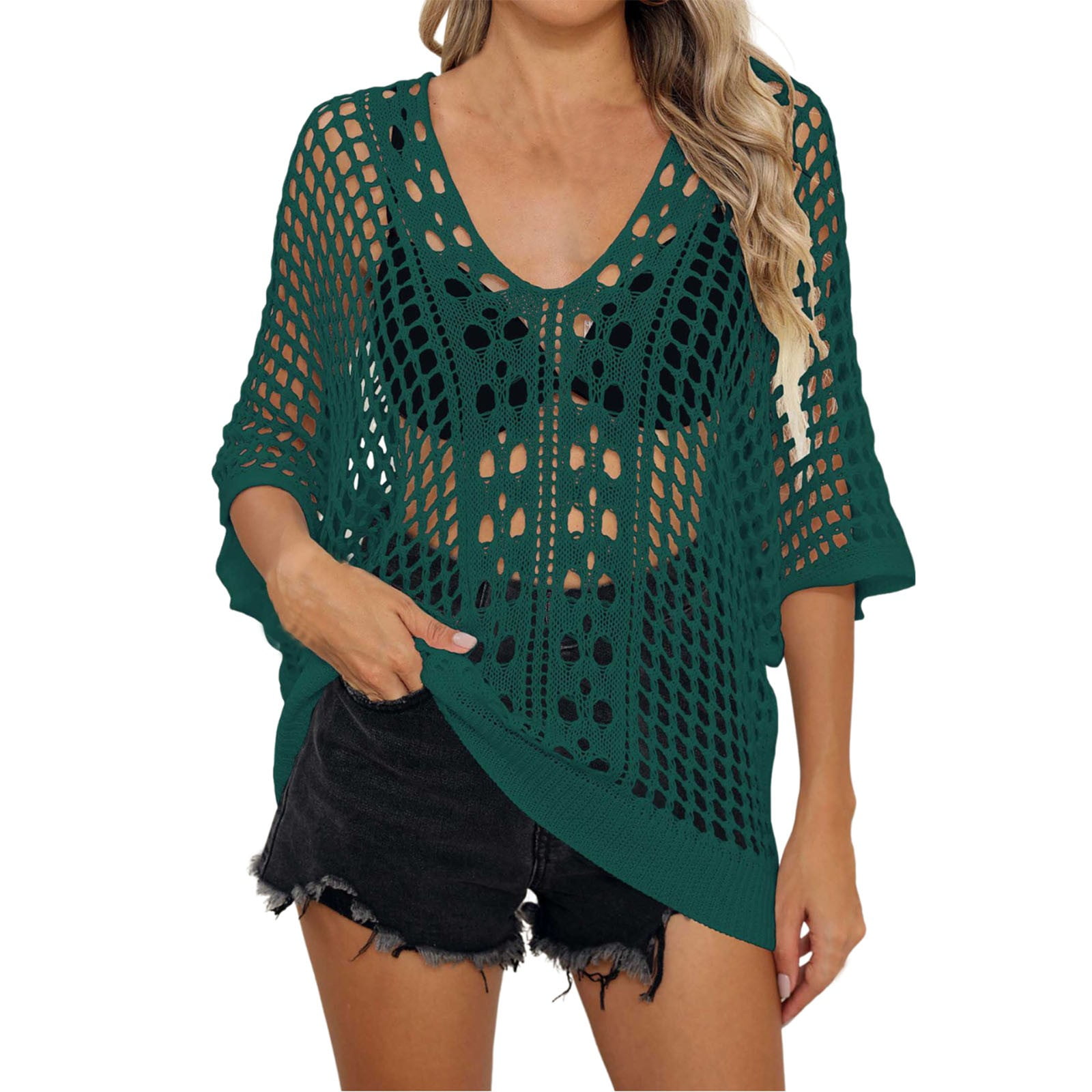 ZyeKqe Womens Crochet Tops Half Sleeve Sweaters Hollow out V Neck Knit ...