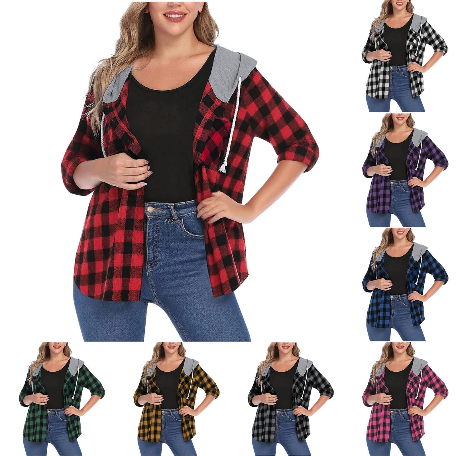 ZyeKqe Womens Flannel Hoodie Shirts Casual Button down Plaid Jackets ...