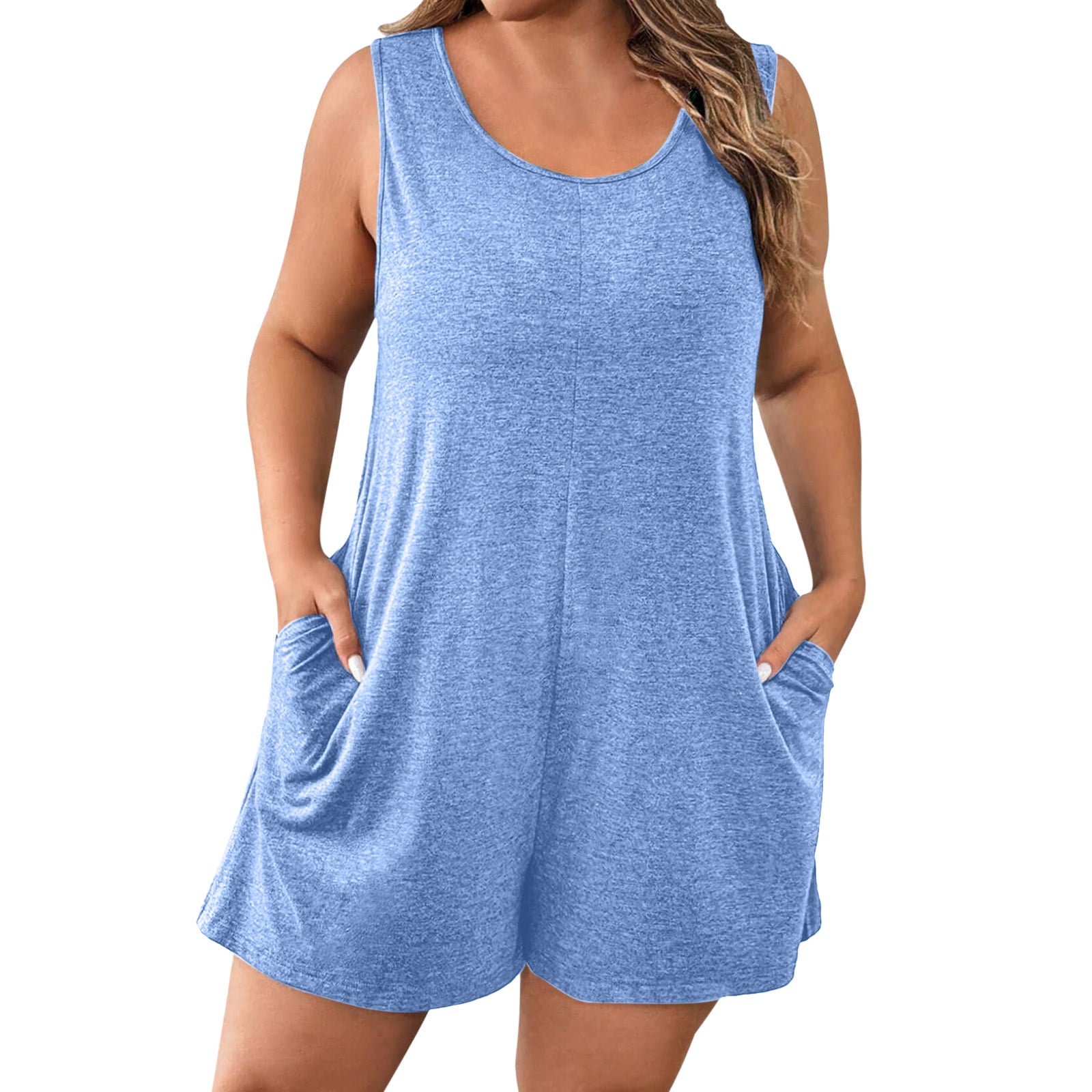 ZyeKqe Womens Plus Size Jumpsuits Crew Neck Casual Sleeveless Rompers ...