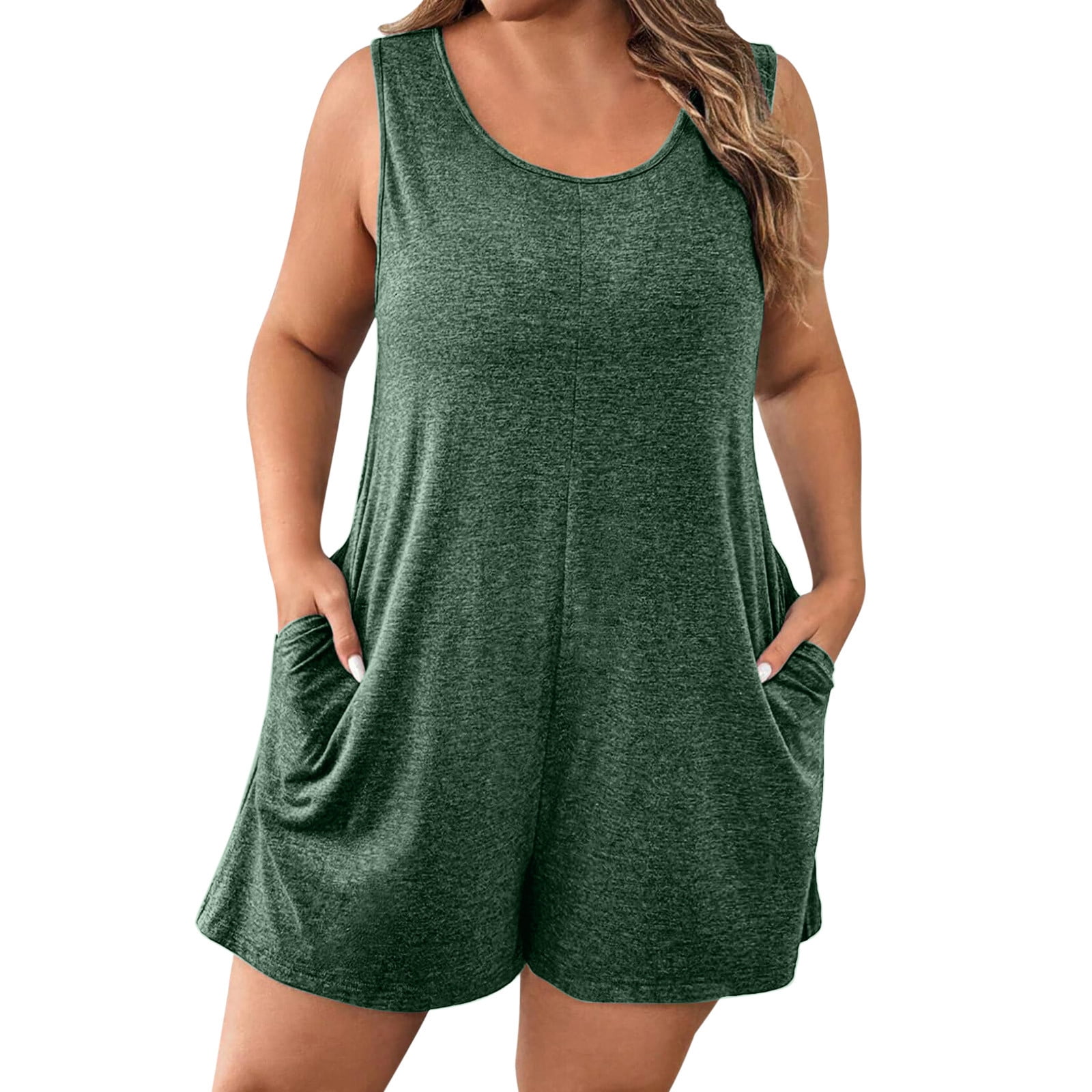 ZyeKqe Womens Plus Size Jumpsuits Crew Neck Casual Sleeveless Rompers ...