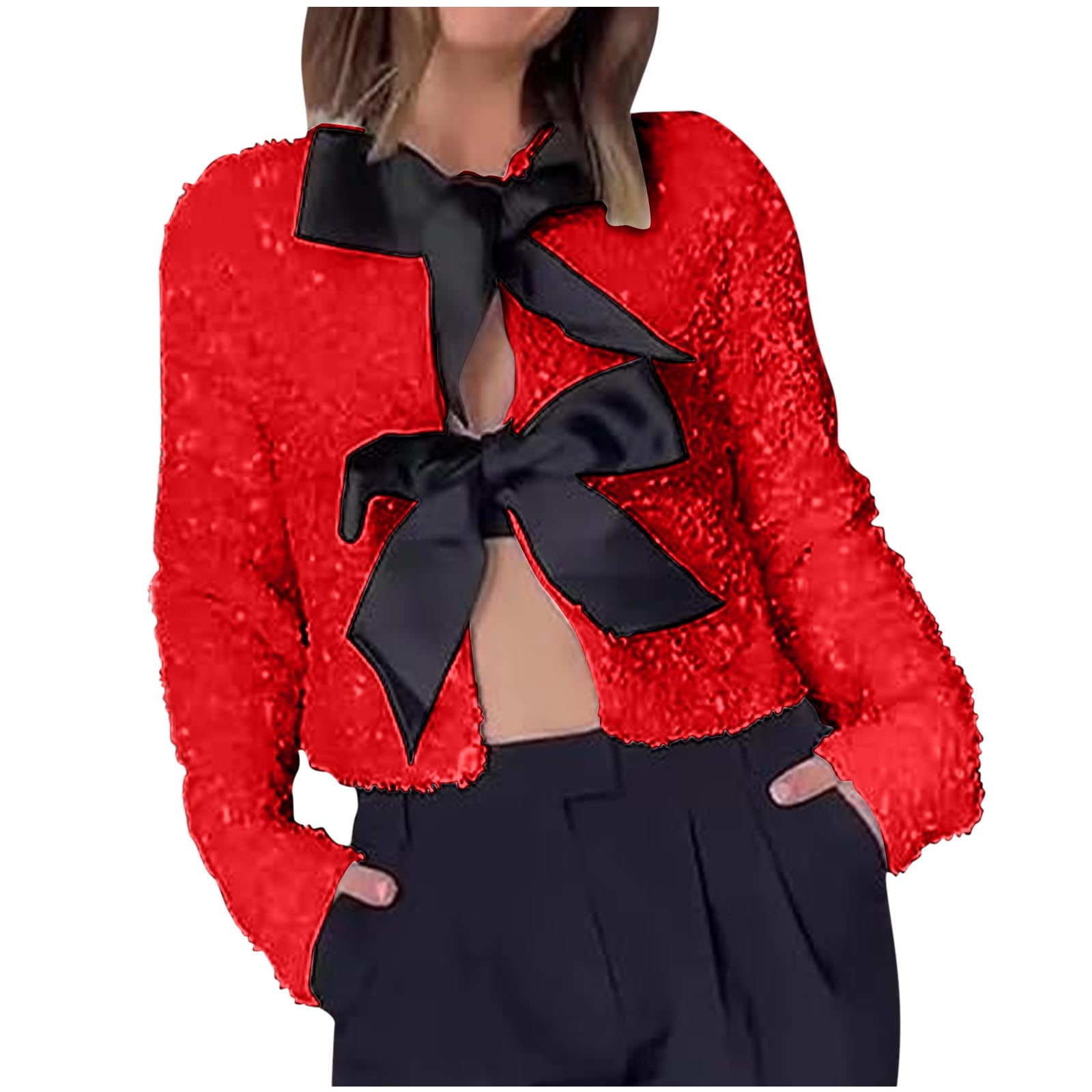 ZyeKqe Womens Sequin Tops Long Sleeve Cropped Top Trendy Cute Bow-Tie ...