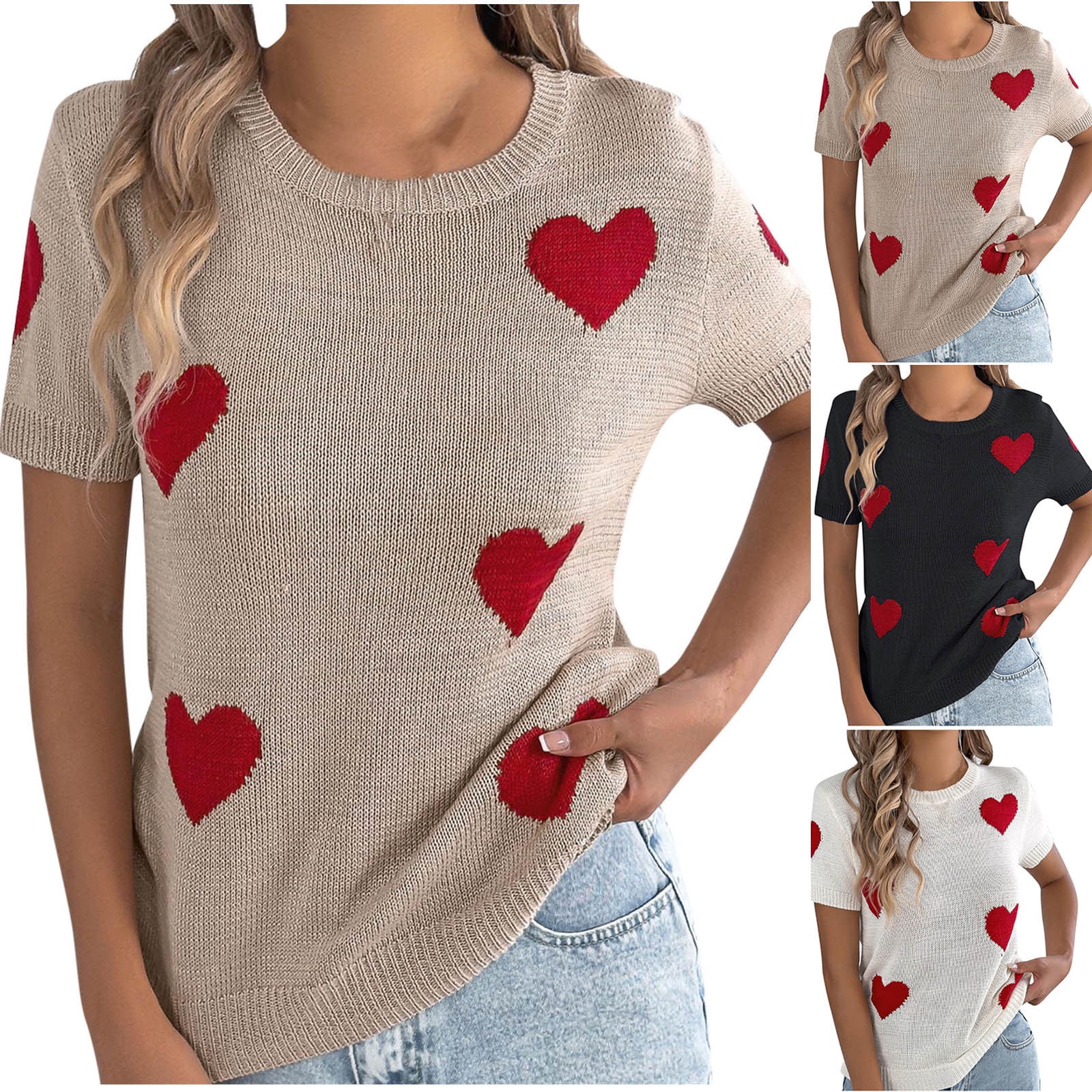 ZyeKqe Womens Short Sleeve Sweaters Heart Print Crewneck Pullover Knit ...