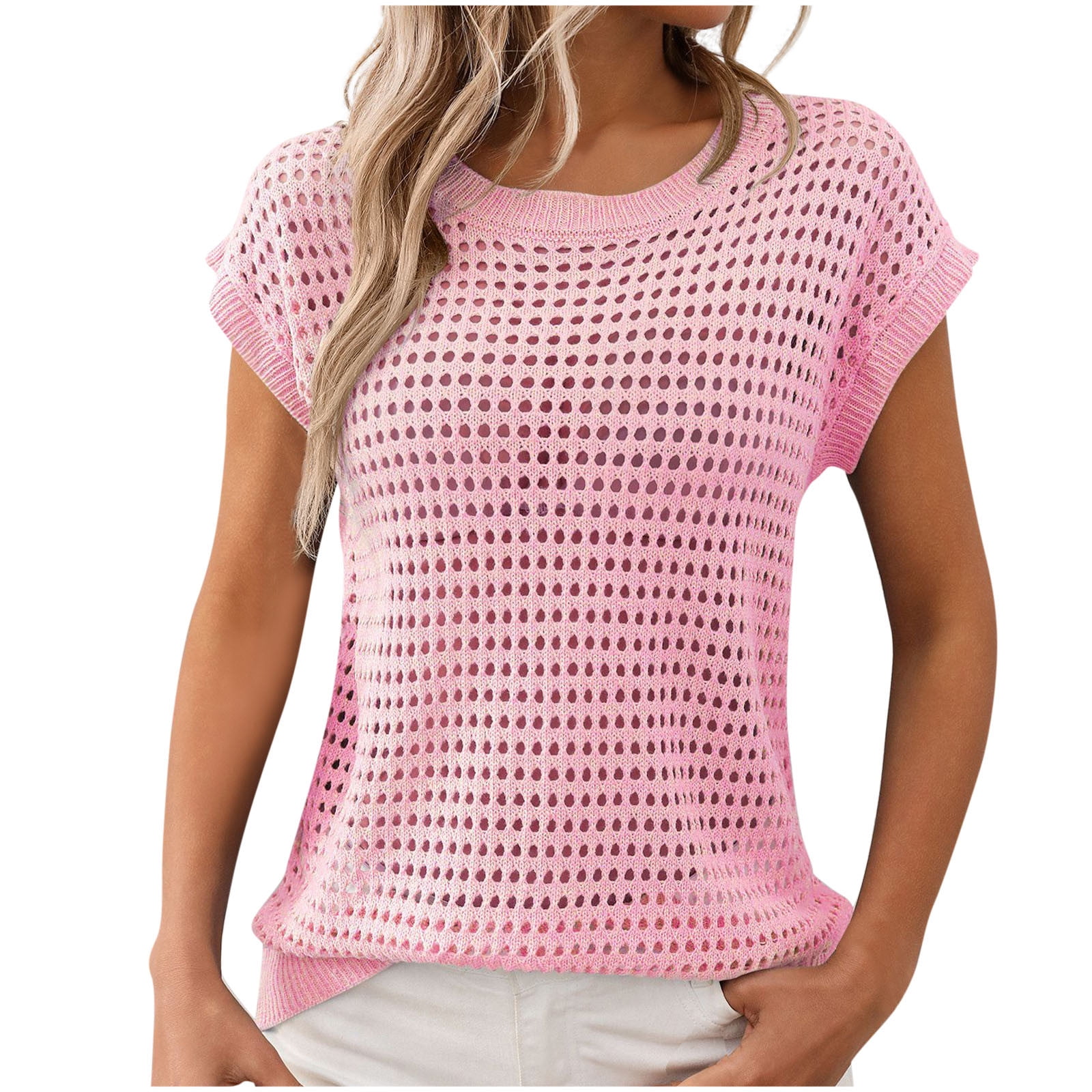 ZyeKqe Womens Tops Crochet Cap Sleeve Knit Summer Shirts Crew Neck ...