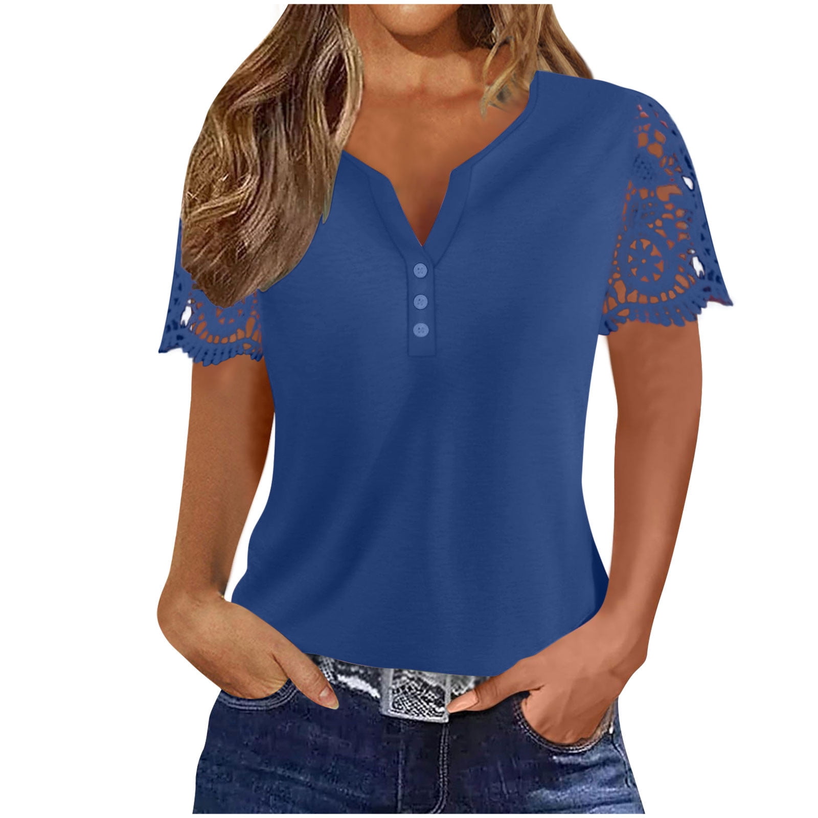 ZyeKqe Womens Tops V Neck Button Loose Casual Tunic Tops Summer Short ...