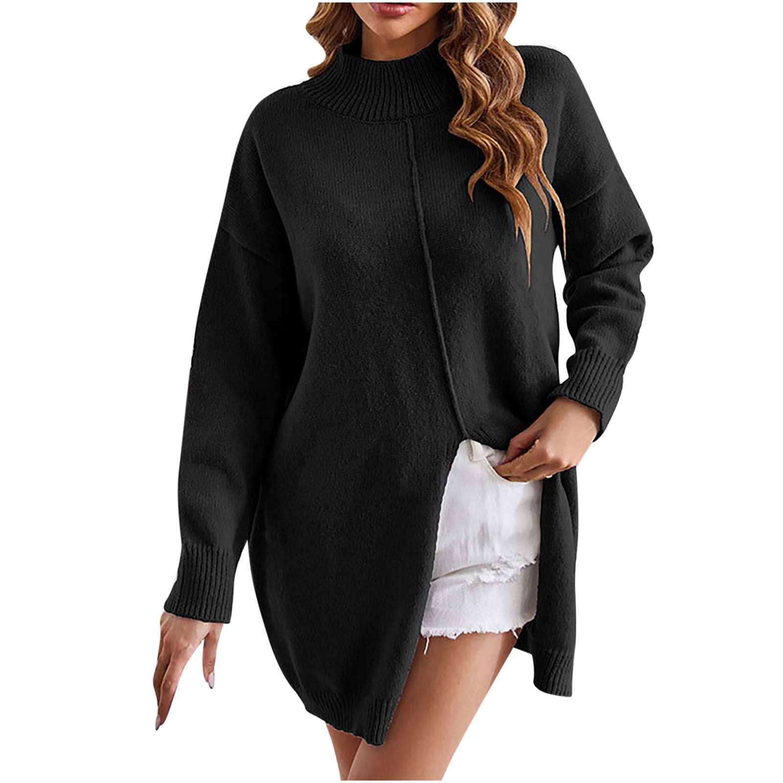 ZyeKqe Womens Winter Tops Long Sleeve Half High Neck Split Slim ...