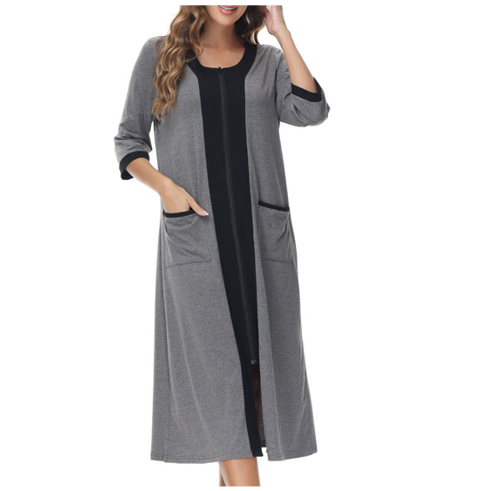 ZyeKqe Womens Zipper Front Robes 3/4 Sleeve Bathrobe Full Length ...