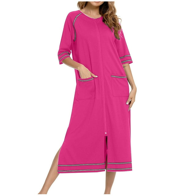 Zyekqe Zipper Front Robes Women 34 Sleeve Loungewear Full Length Long Nightgown Lightweight