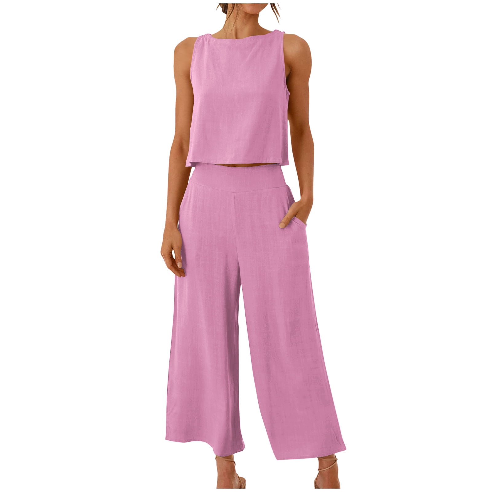 Zyekqe Lounge Set for Women Cotton Linen Sleeveless Tank Crop Top Wide ...