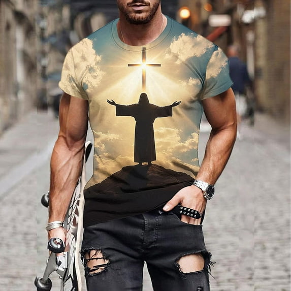 Zylanna Men's T-Shirts Tee, Cross Print Crew Neck Summer Short Sleeve ...