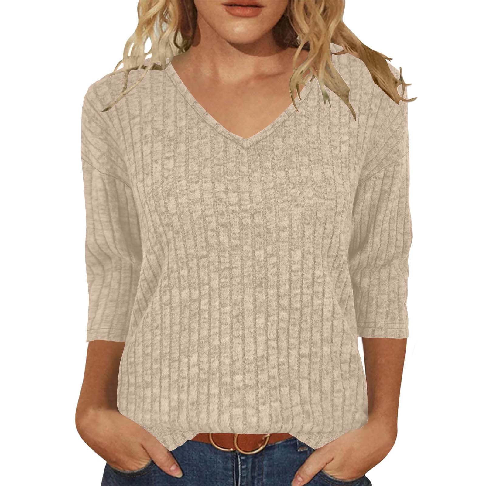 Zylanna Women's Pullover Sweaters, 3/4 Sleeve V-Neck Knitted Solid ...