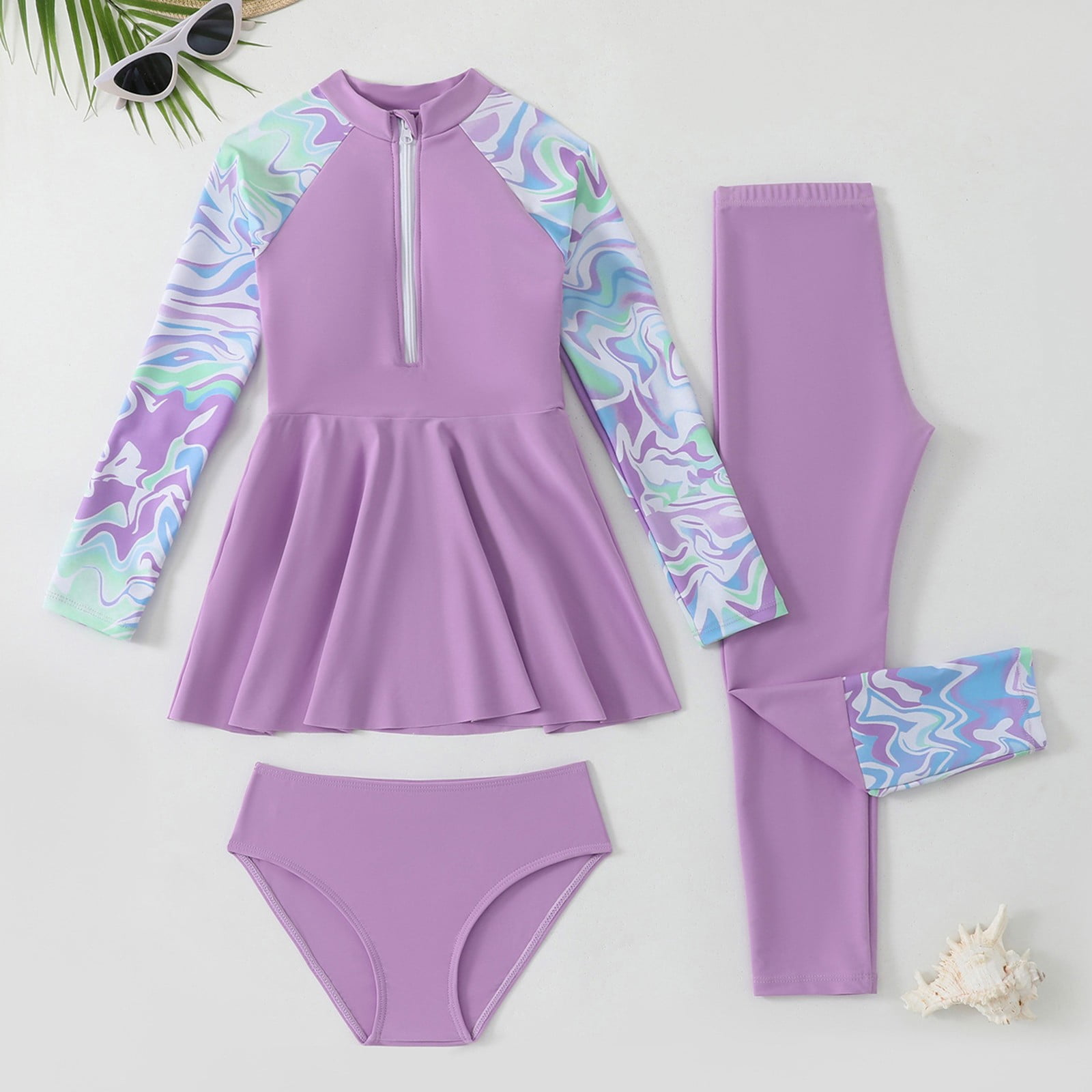 Zylarhe Girls Swimsuit 3 Piece Girls Long Sleeve Rash Guard Two Piece ...