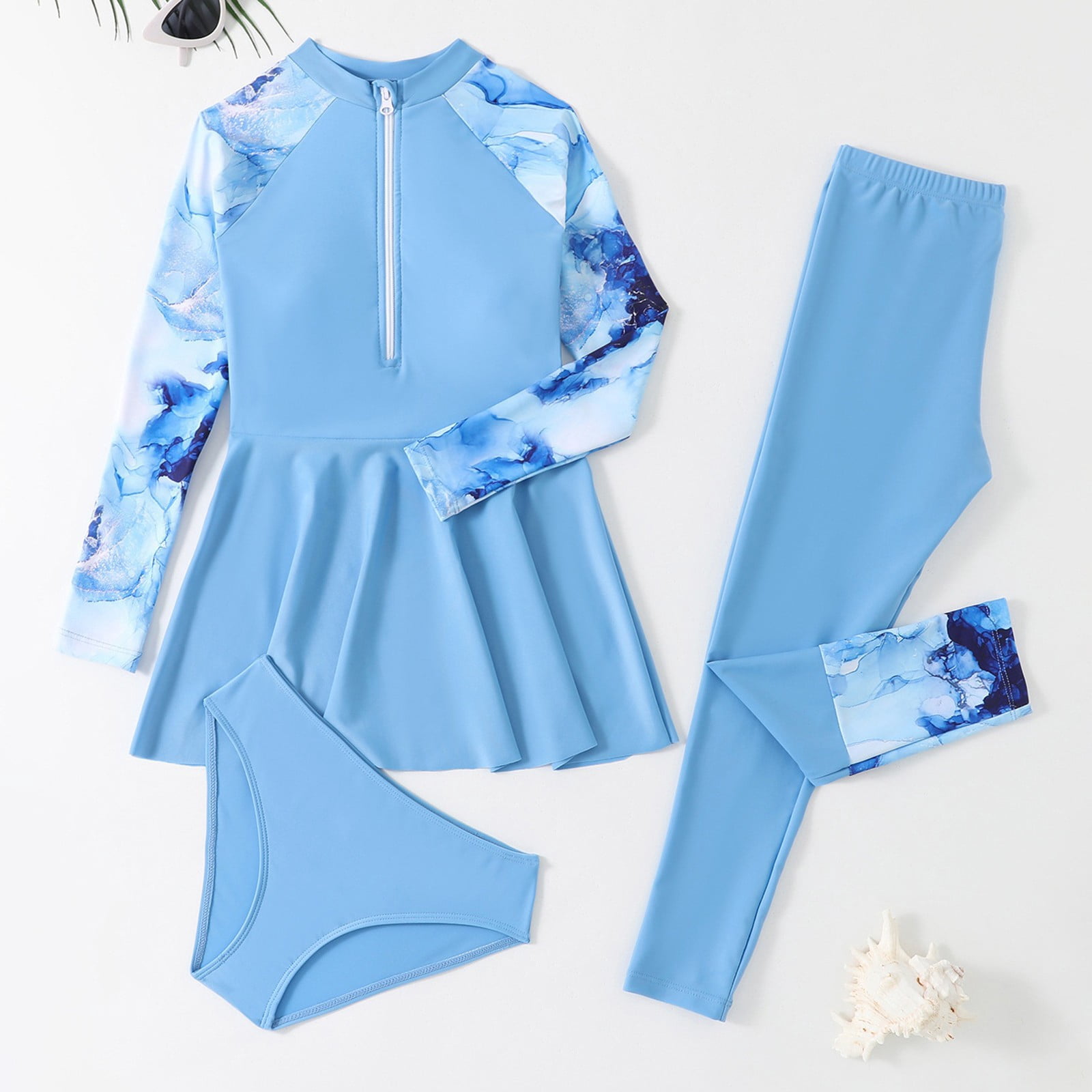 Zylarhe Girls Swimsuit 3 Piece Girls Long Sleeve Rash Guard Two Piece ...