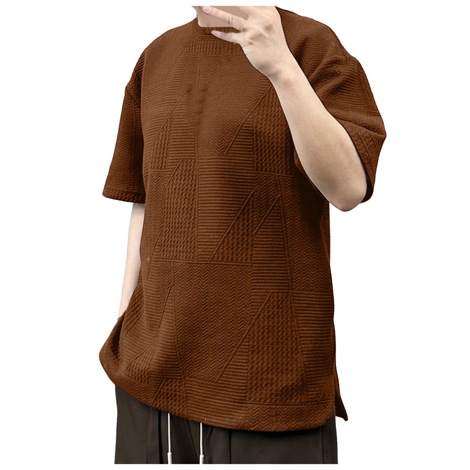 Zylarhe Men T Shirts Men Embossed Texture Printing Hidden Pocket Round ...