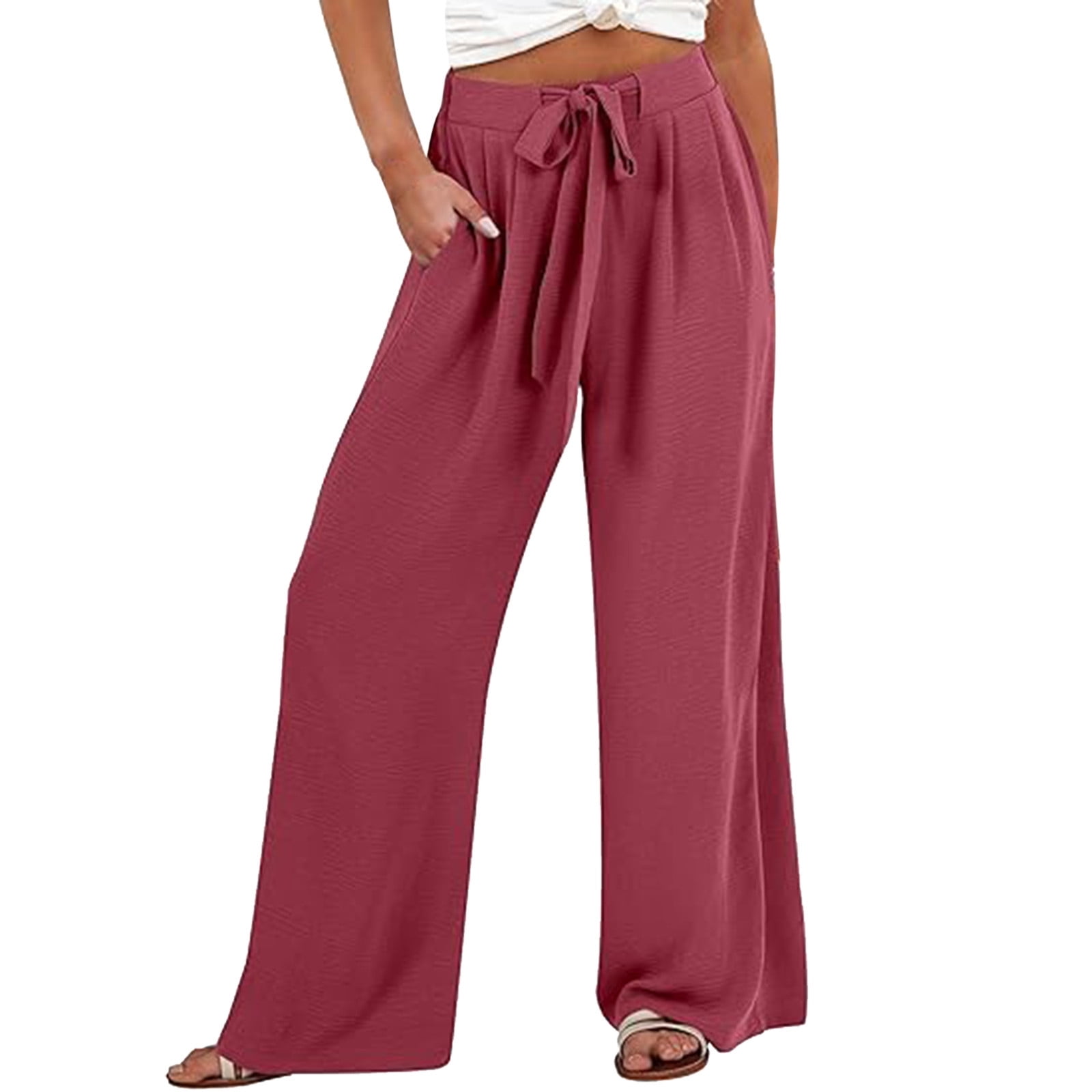 Zylarhe Women's Pants Women's Wide Leg Casual Pants Flowing Tie Knot ...