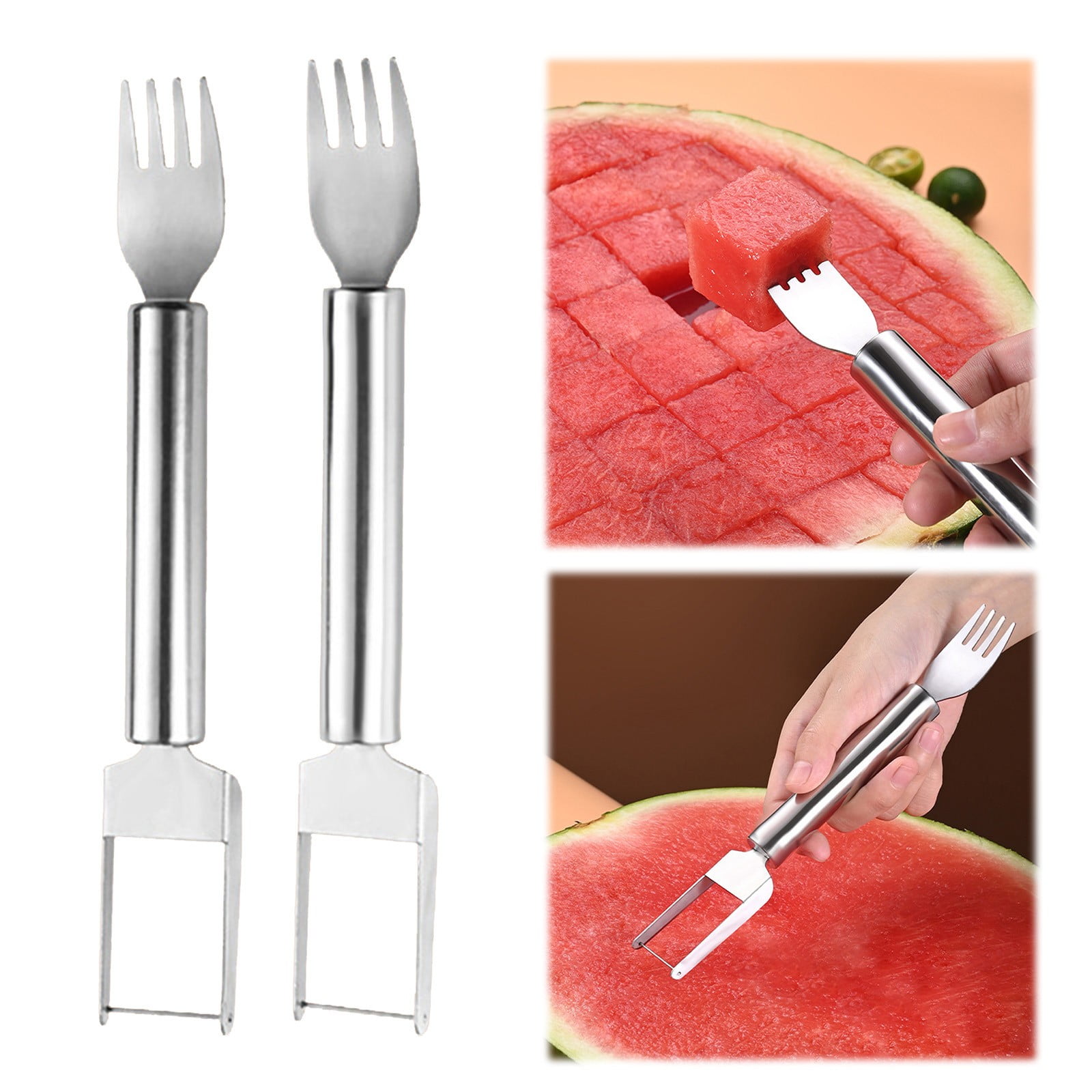 Zynic 2 In 1 Stainless Fruit Cutter 2025 New Head Fruit Forks Slicer Watermelon Tool Cube Cutter ...