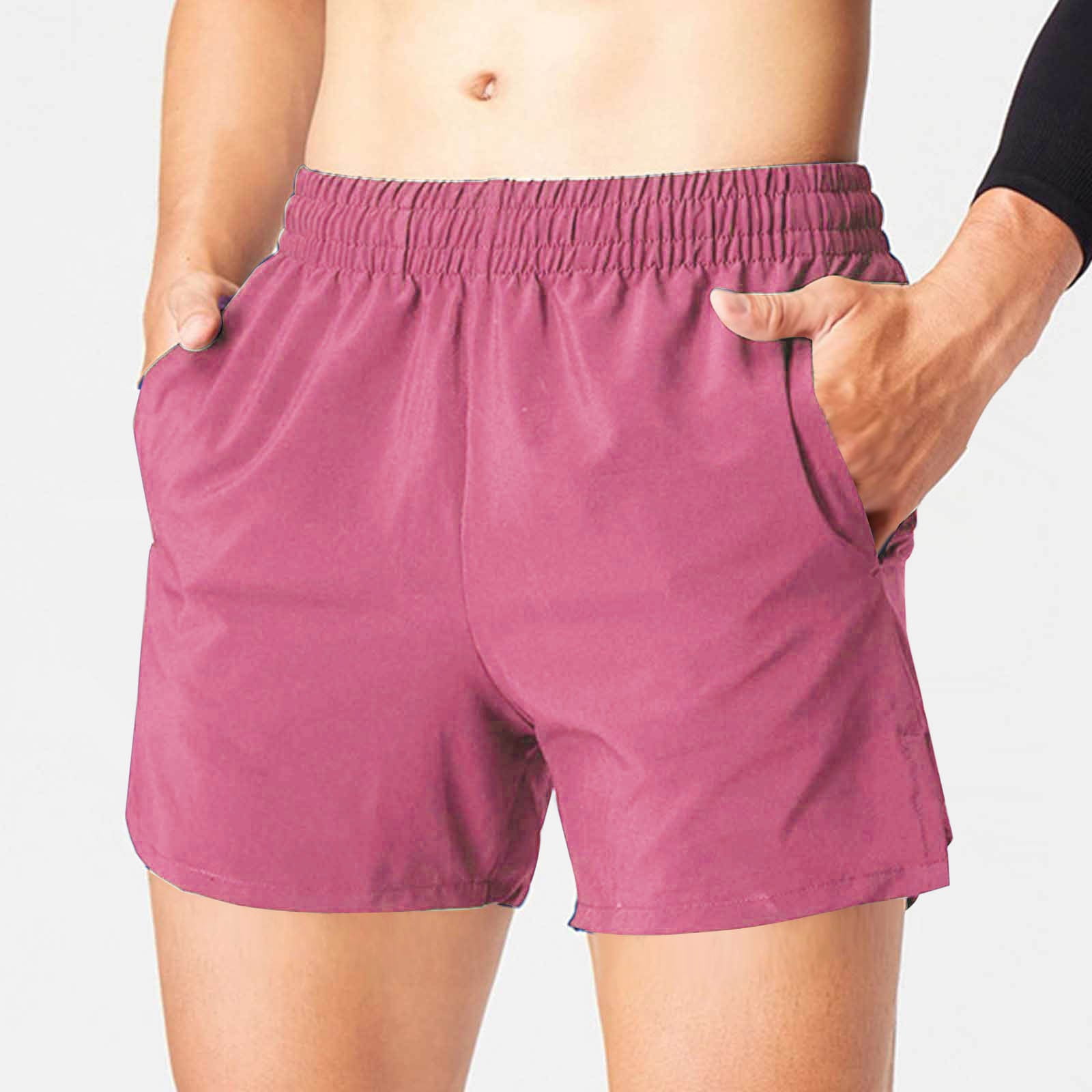 Zynviq 2025 Trendy Mens Shorts Athletic Elastic Waist Pink Outdoors Solid Running Zipper Pocket ...