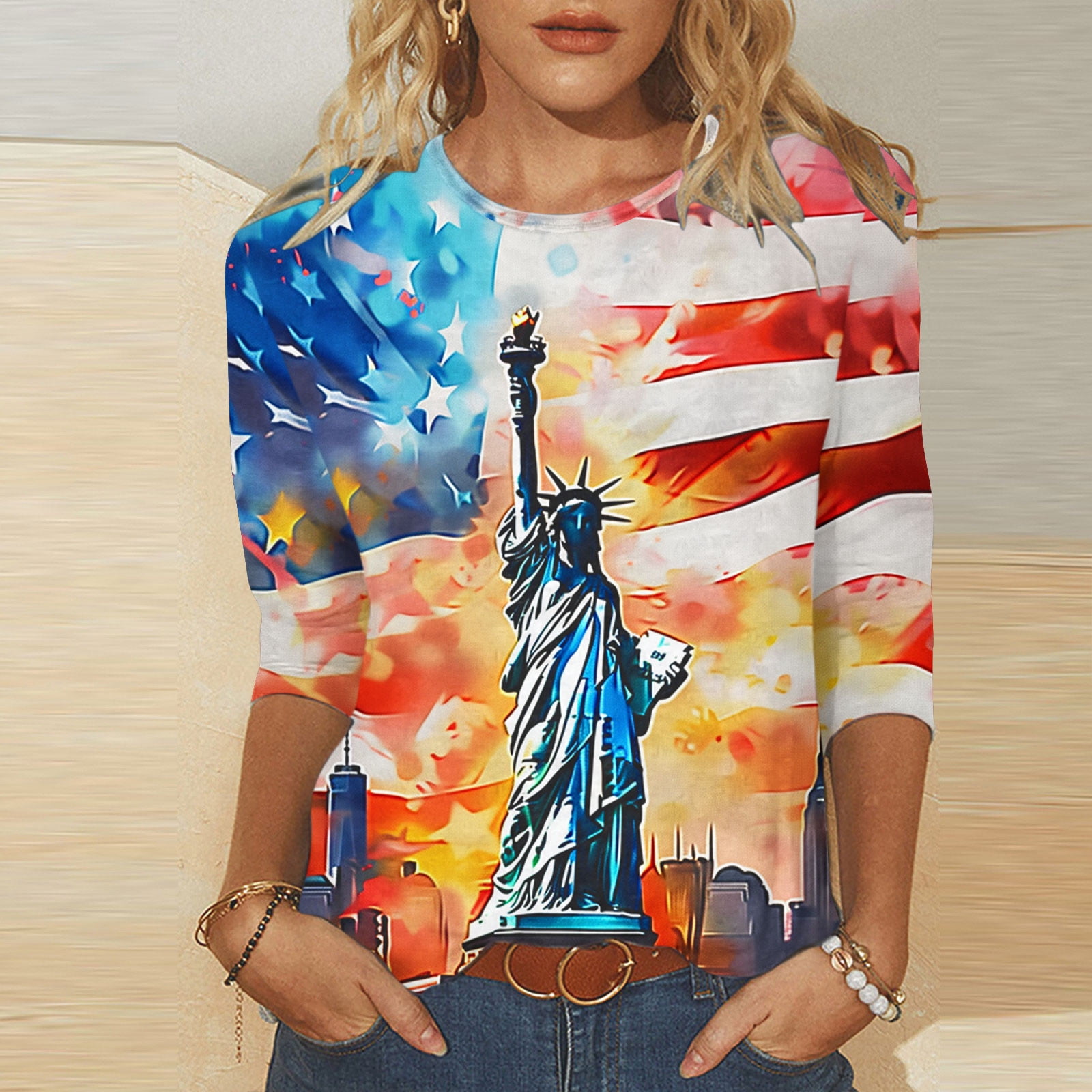 Zynviq 3/4 Sleeve Women Shirts July Fourth Festival Statue of Liberty T ...
