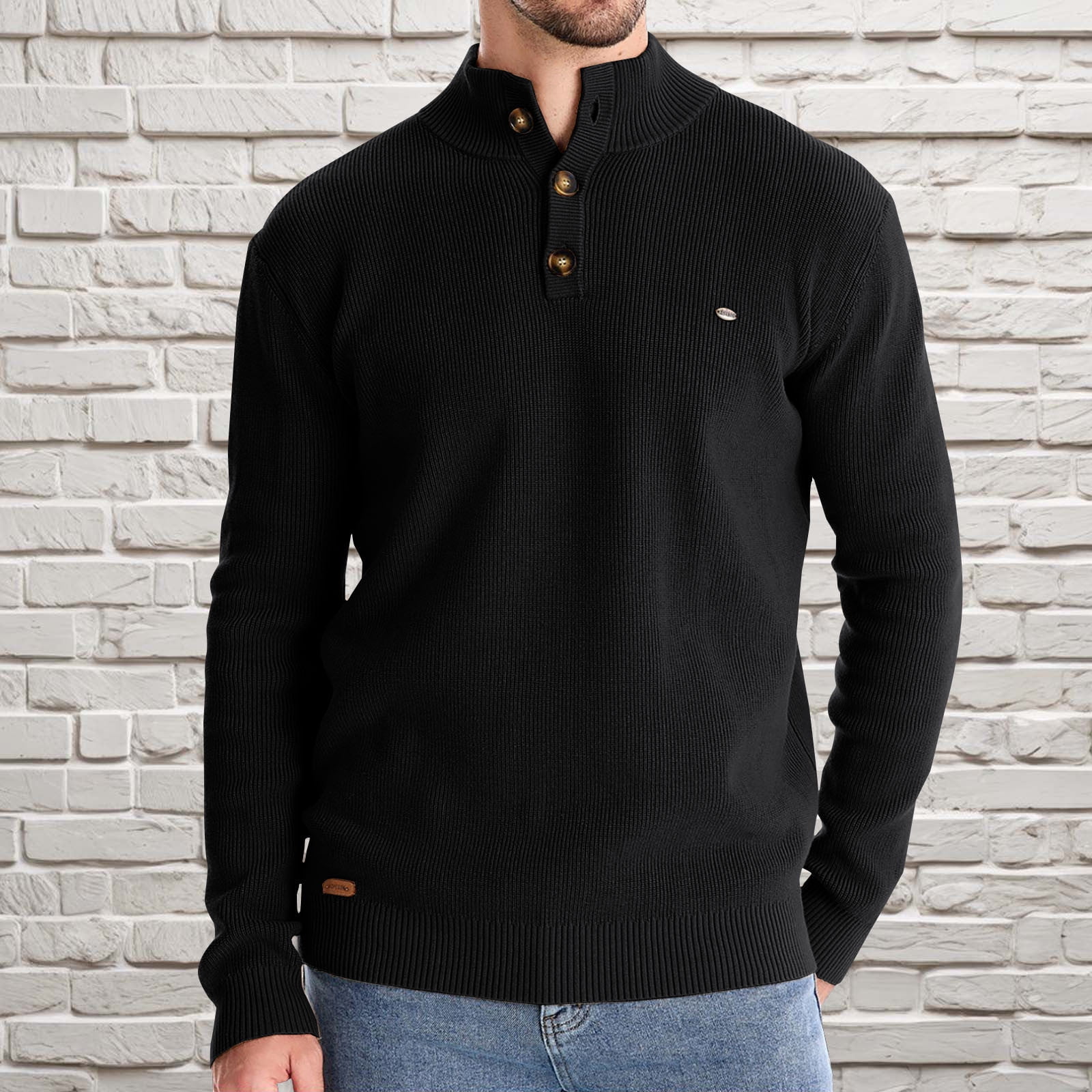 Zynviq Button up Sweaters for Men Cotton Mock Neck Solid Long Sleeve ...