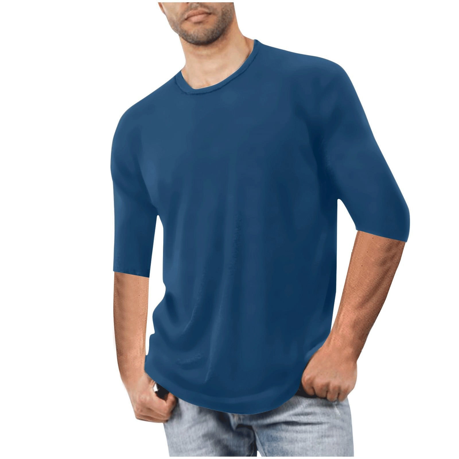 Zynviq Half Sleeve Shirts for Men Blue Solid Color Casual Fitness Crew Neck Basic T-Shirt Spring ...