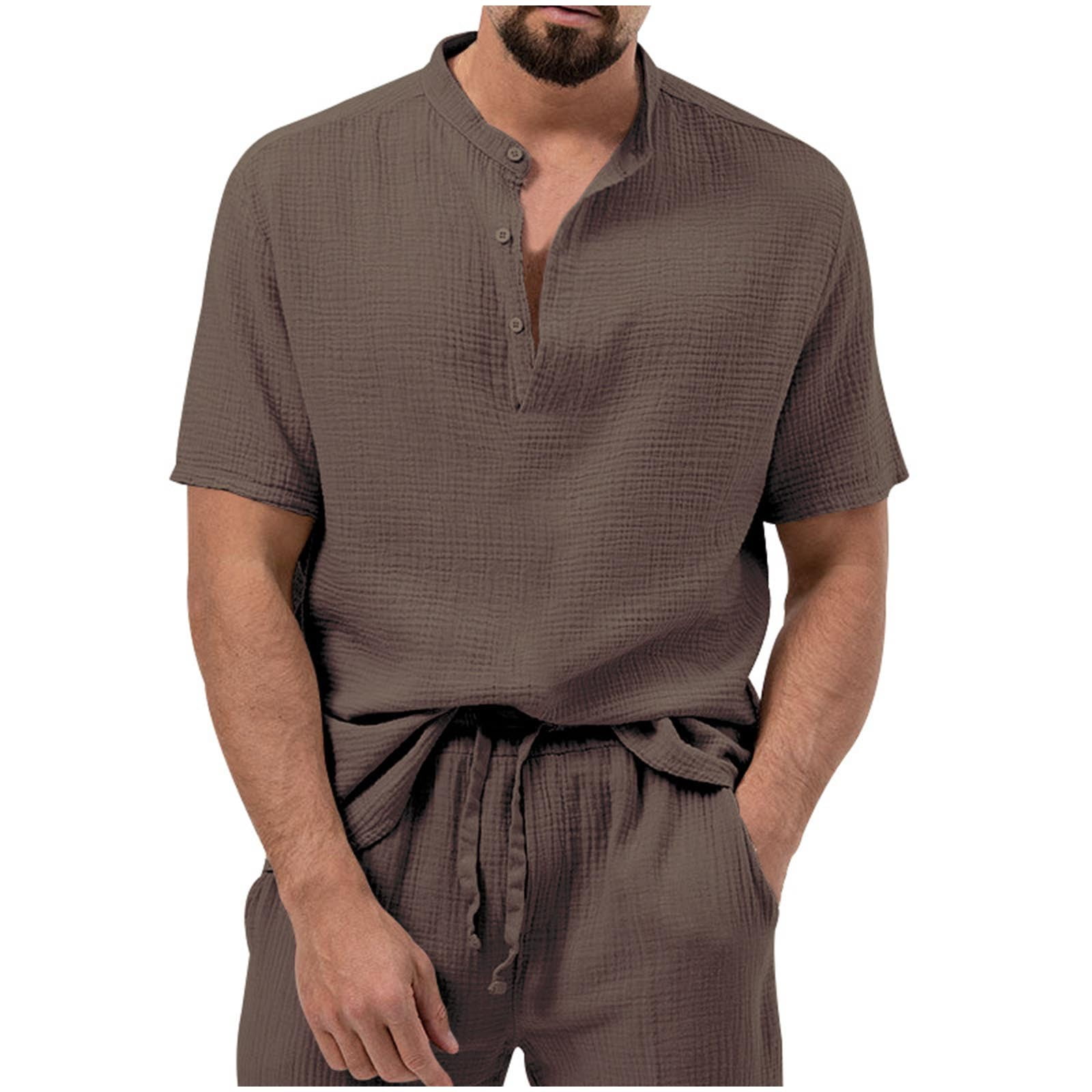 Zynviq Henley Tee Shirts for Men Washed Wrinkle Band Collar Loose Fit ...