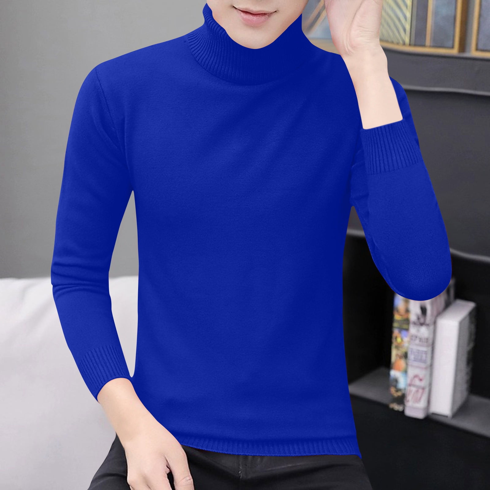 Zynviq Men's Sweater Turtle Neck Blue Slim Long Sleeve Pullover Solid ...