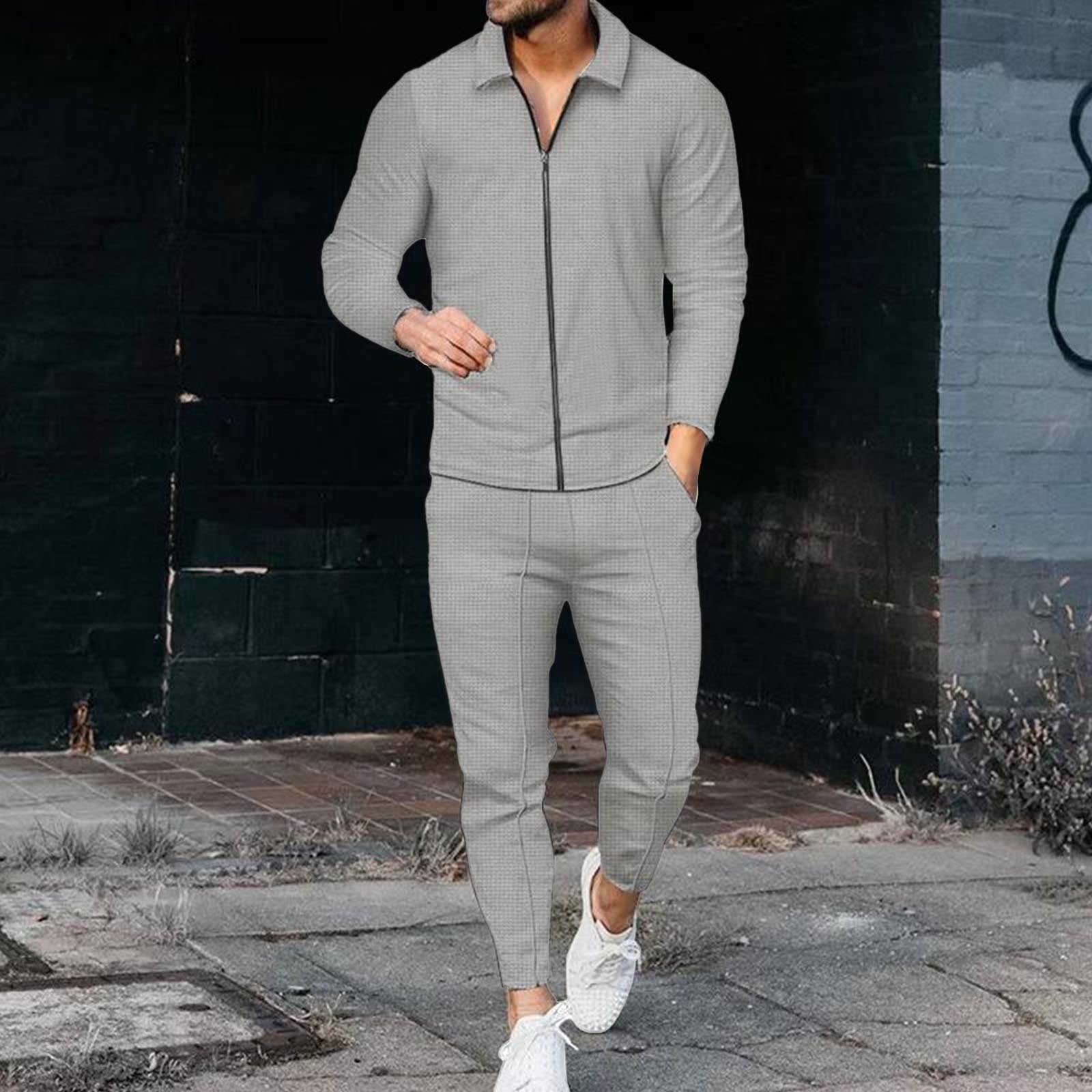 Zynviq Mens Tracksuit Casual Solid Slim Fit Gray Waffle Full Zip Sweat ...