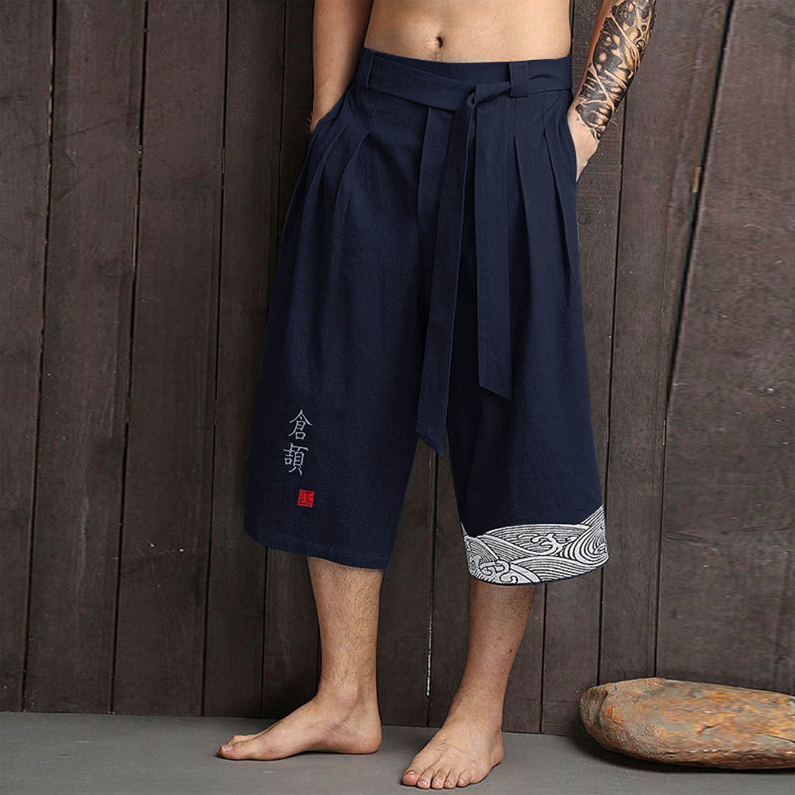 Zynviq Plus Size Men Pants Cropped Embroidery Wide Leg Graphic Print ...