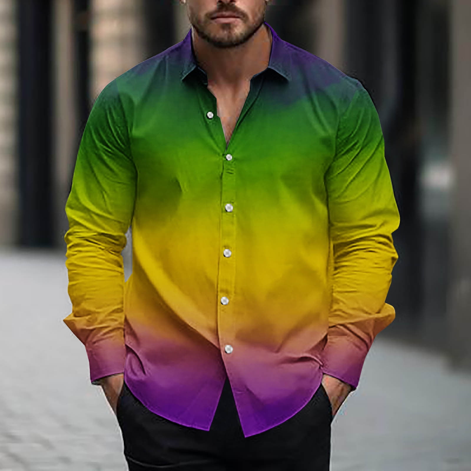 Zynviq Shirts Men Long Sleeve Mardi Gras Festival Gradient Printed Soft ...