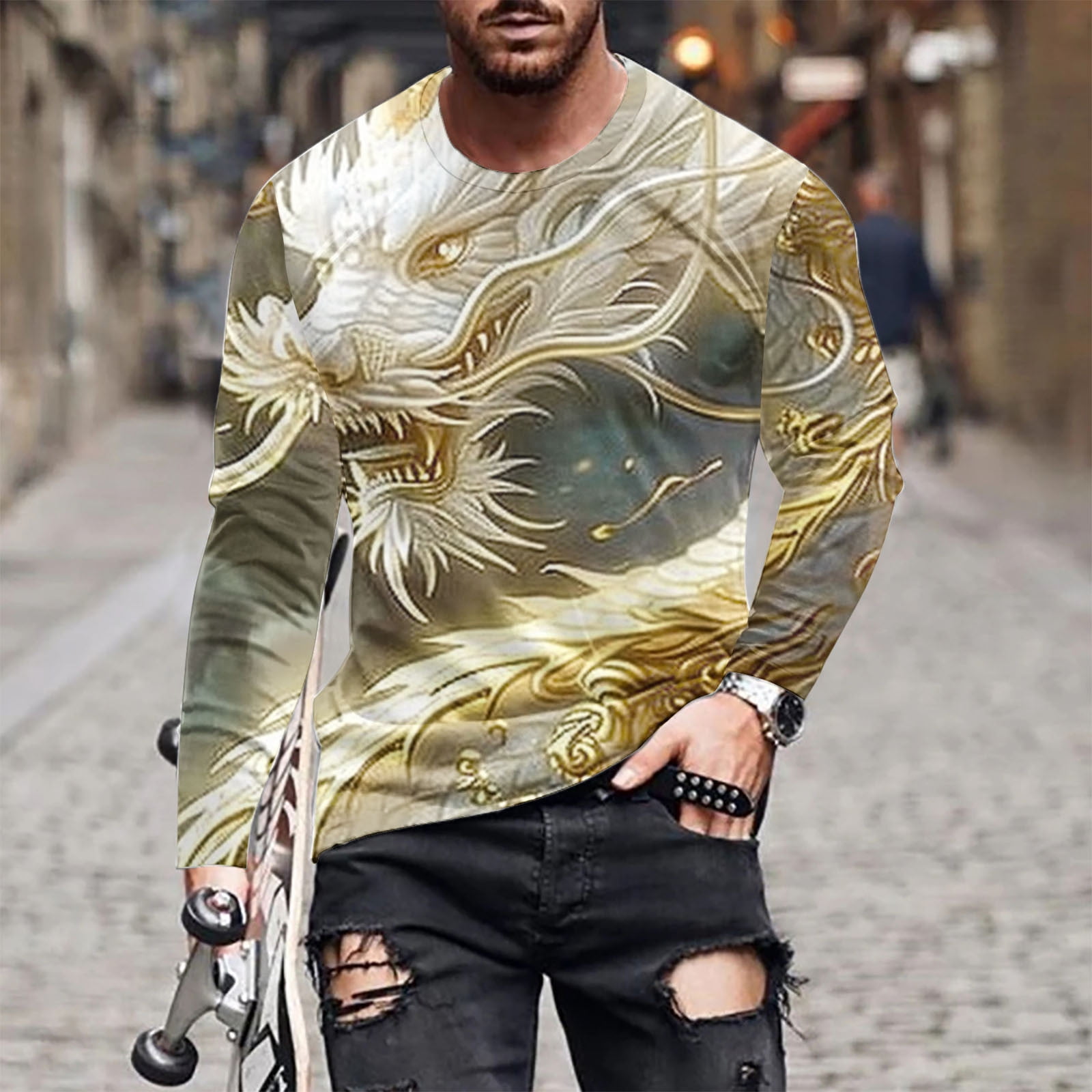 Zynviq Shirts Men Long Sleeve Yellow 3D Funky Graphic Dragon Printed T-Shirt Mens Trendy Tops ...